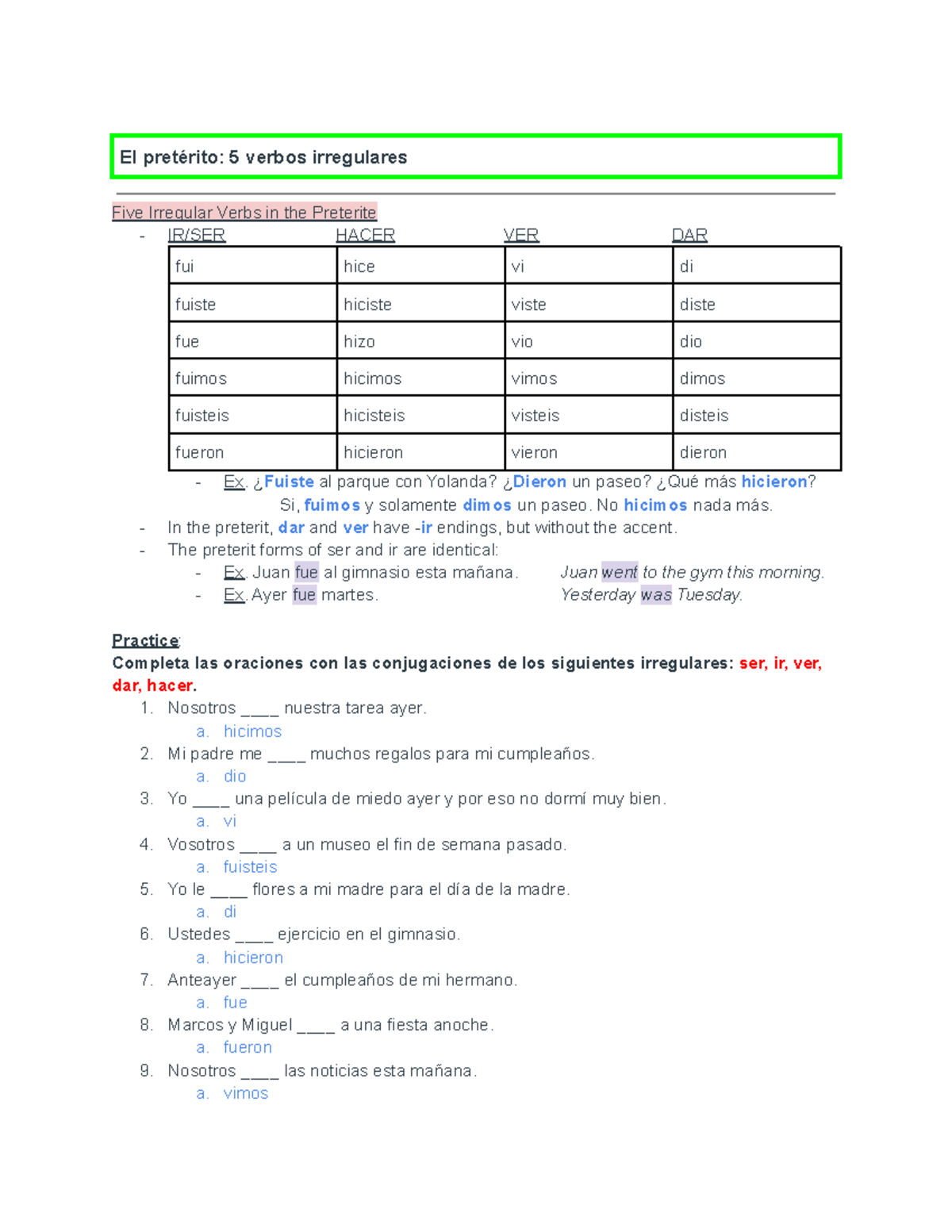 Gramática 8.1 Verbs with Irregular Preterite Forms - El pretérito: 5 ...
