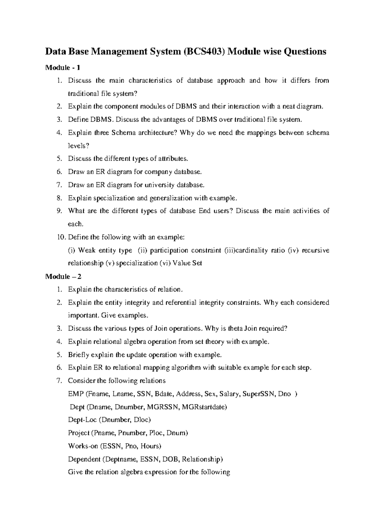 Module wise questions - Data Base Management System (BCS403) Module wise Questions Module - 1 1 ...