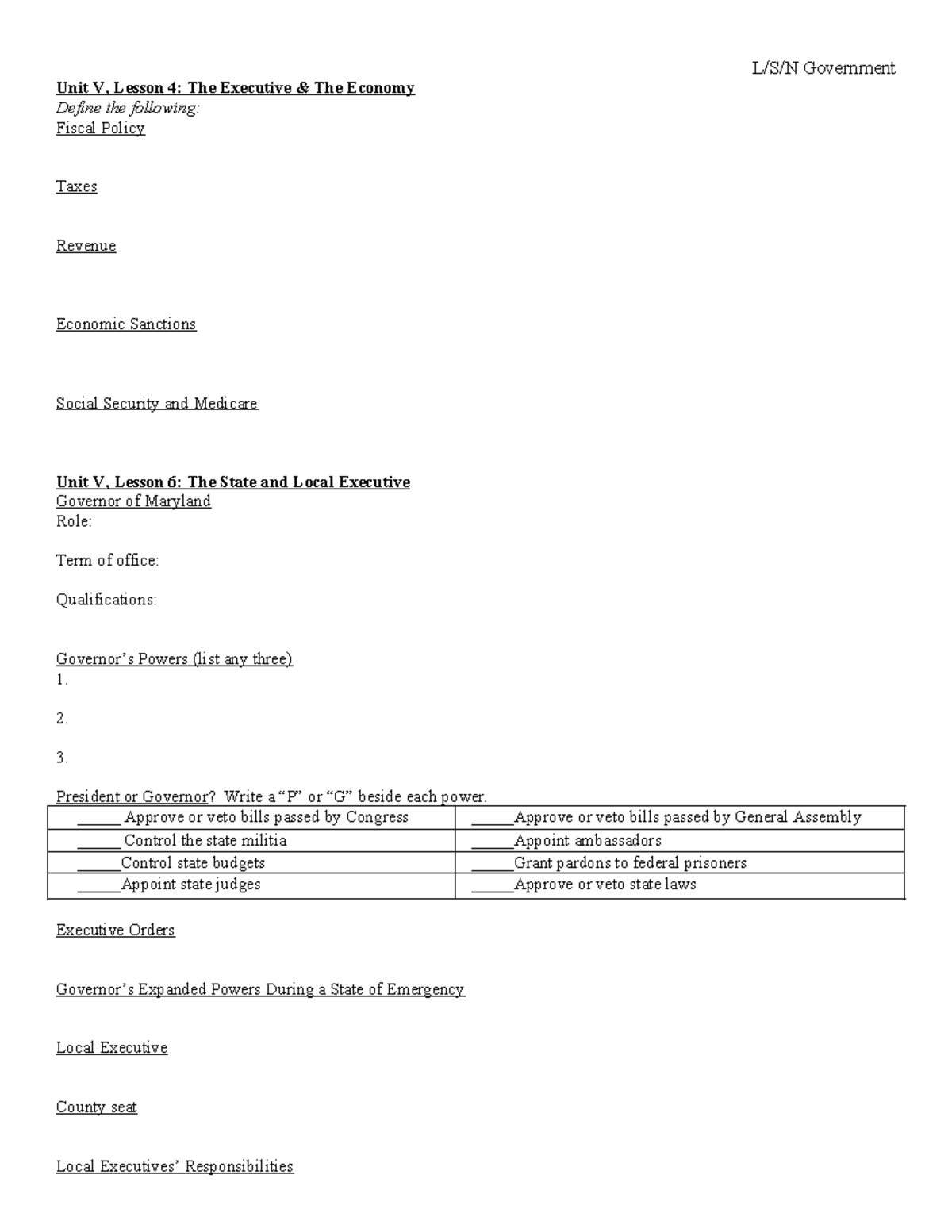 Unit V, Lessons 4 & 6 Handout - L/S/N Government Unit V, Lesson 4: The ...