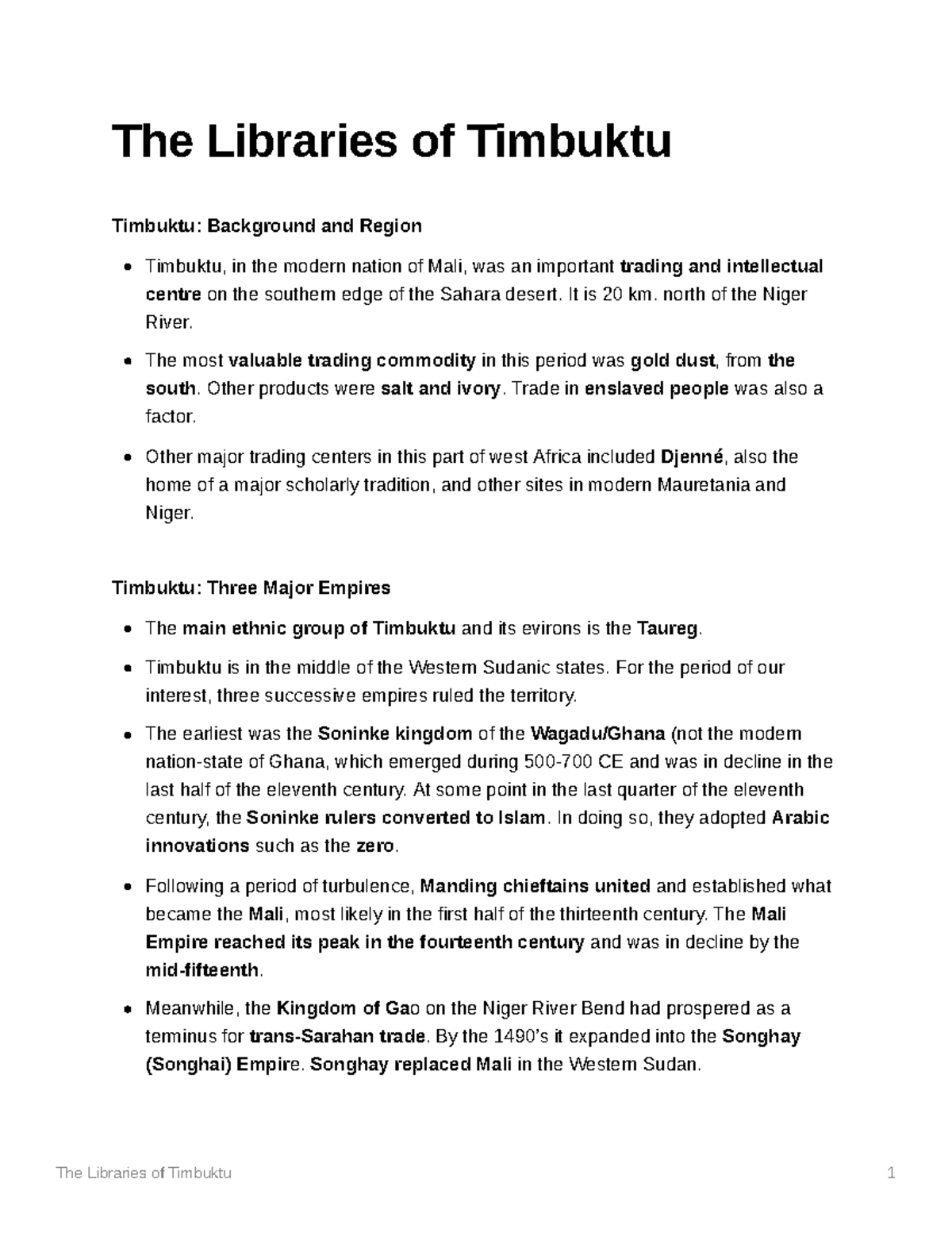 HI121 Lecture Notes: Timbuktu - The Libraries of Timbuktu Timbuktu ...