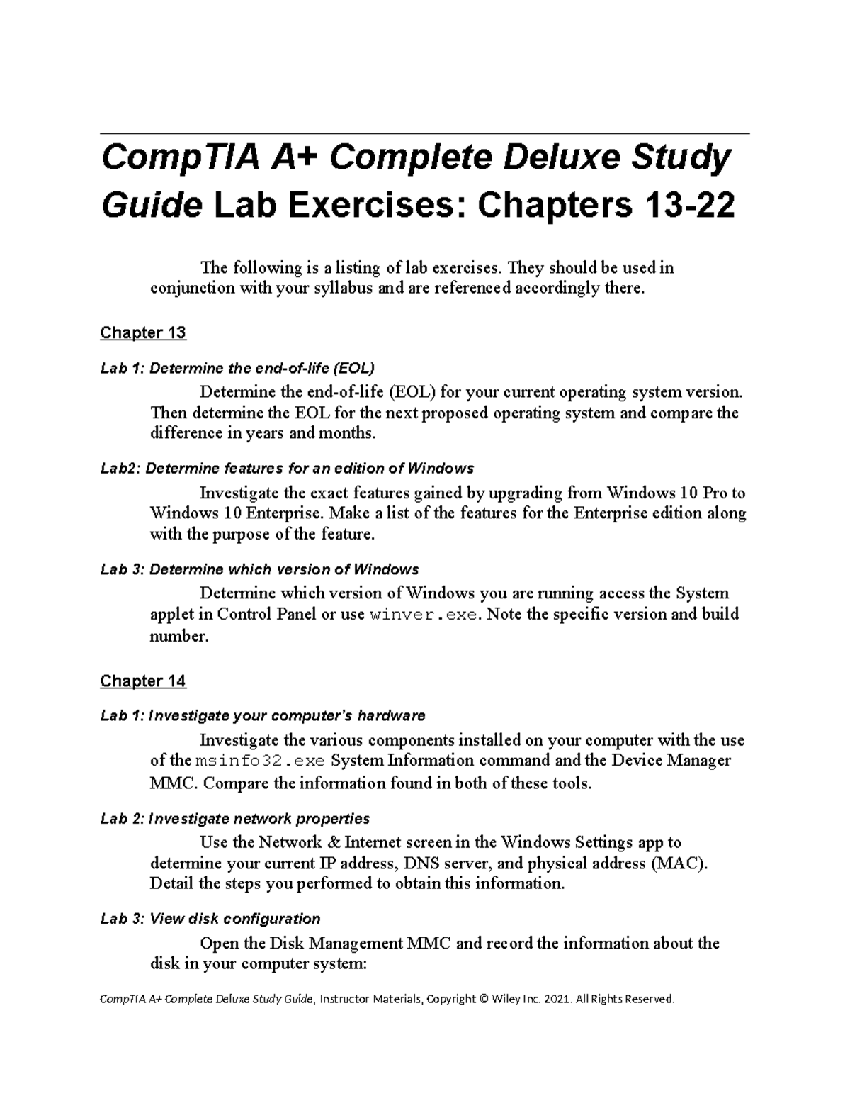 Lab Exercises Ch13-22 - CompTIA A+ Complete Deluxe Study Guide Lab Exercises: Chapters 13- The ...