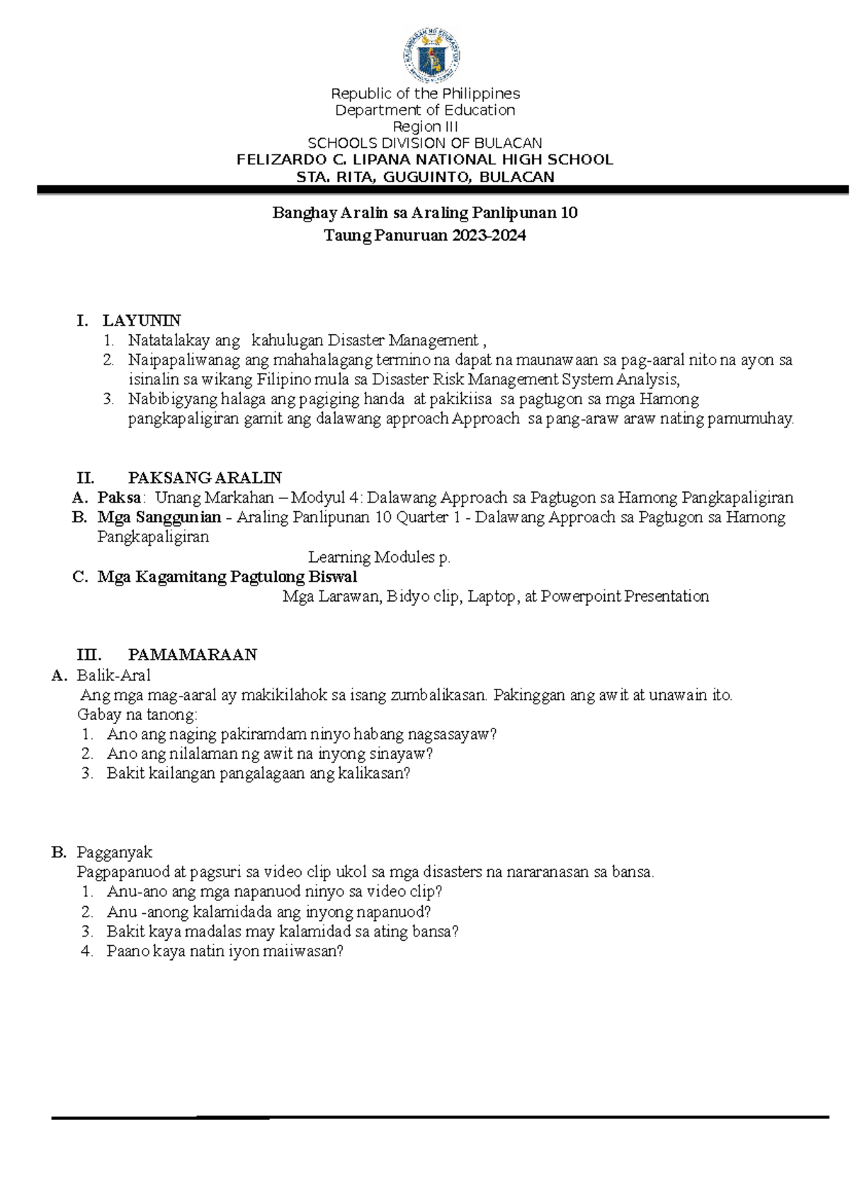 SDLP Modyul 4 Part 2 AP 10 - Republic of the Philippines Department of ...