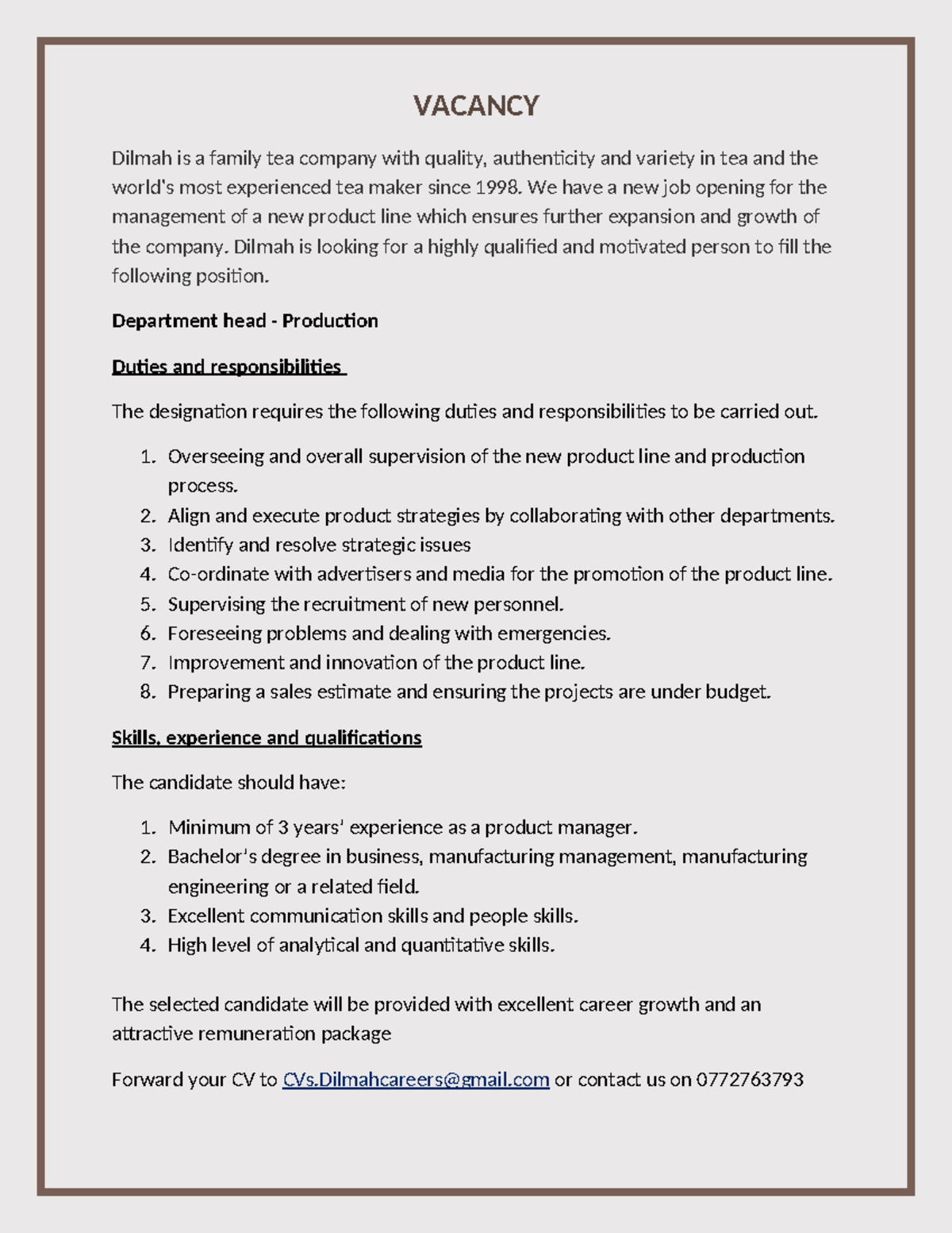 JOB Advertisement - A job advert example - VACANCY Dilmah is a family ...