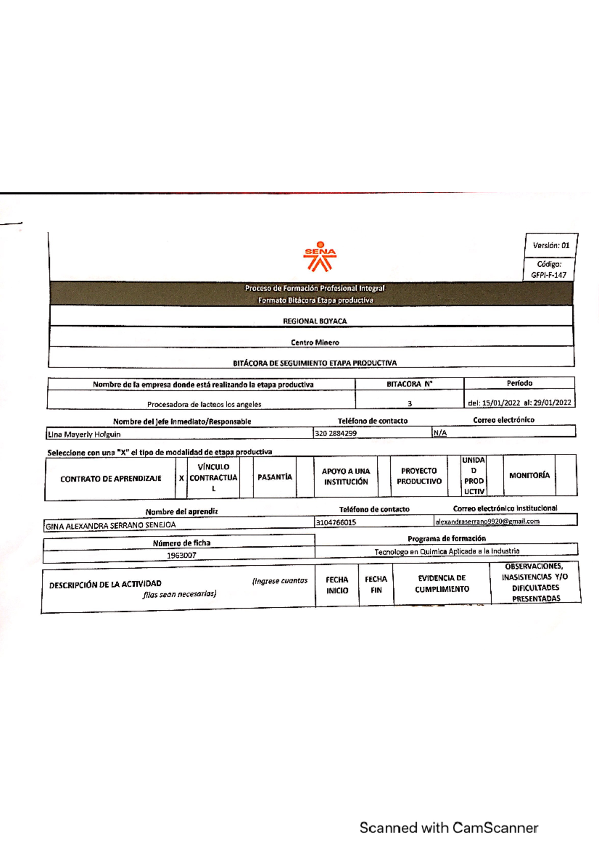 Bitácora 3 Gina Serrano - Versión: 01 SENA Código: Proceso de Formación ...