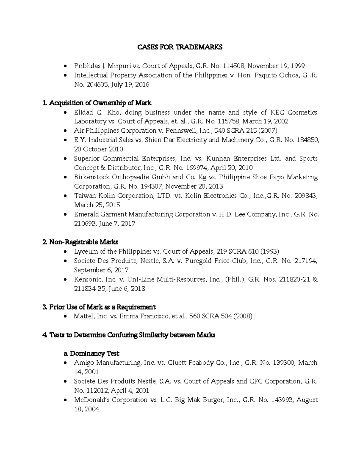 Cases for Trademarks - Civil Law - FSUU - Studocu