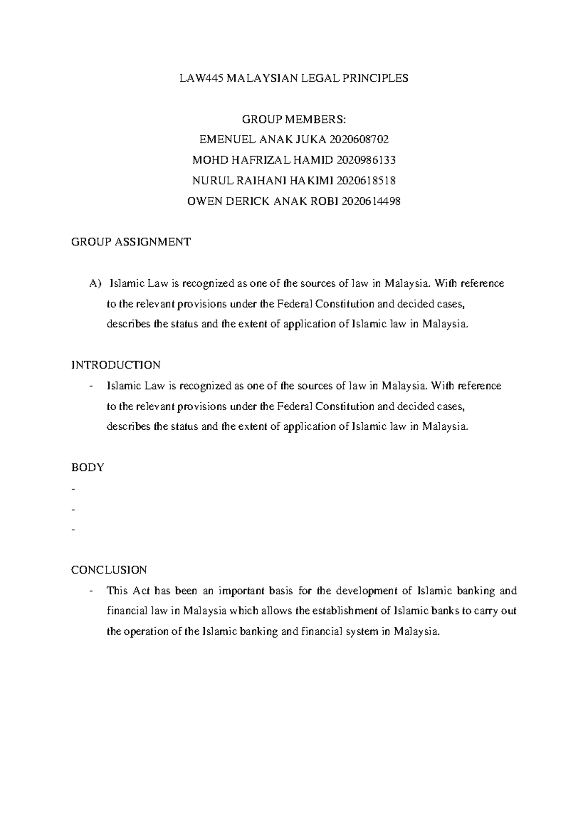 LAW445 Malaysian Legal Principles LAW445 MALAYSIAN LEGAL PRINCIPLES