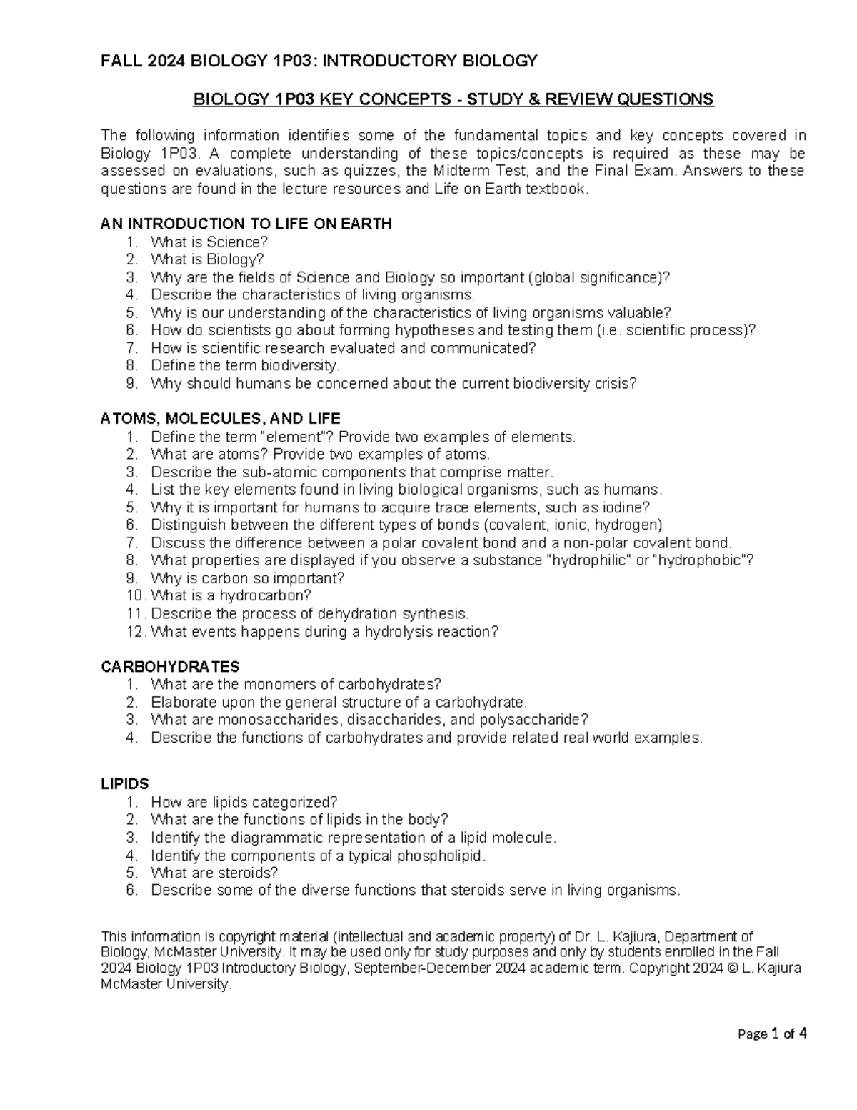 FALL 2024 Biology 1P03 Key Concepts - Study & Review Questions 1 - FALL ...