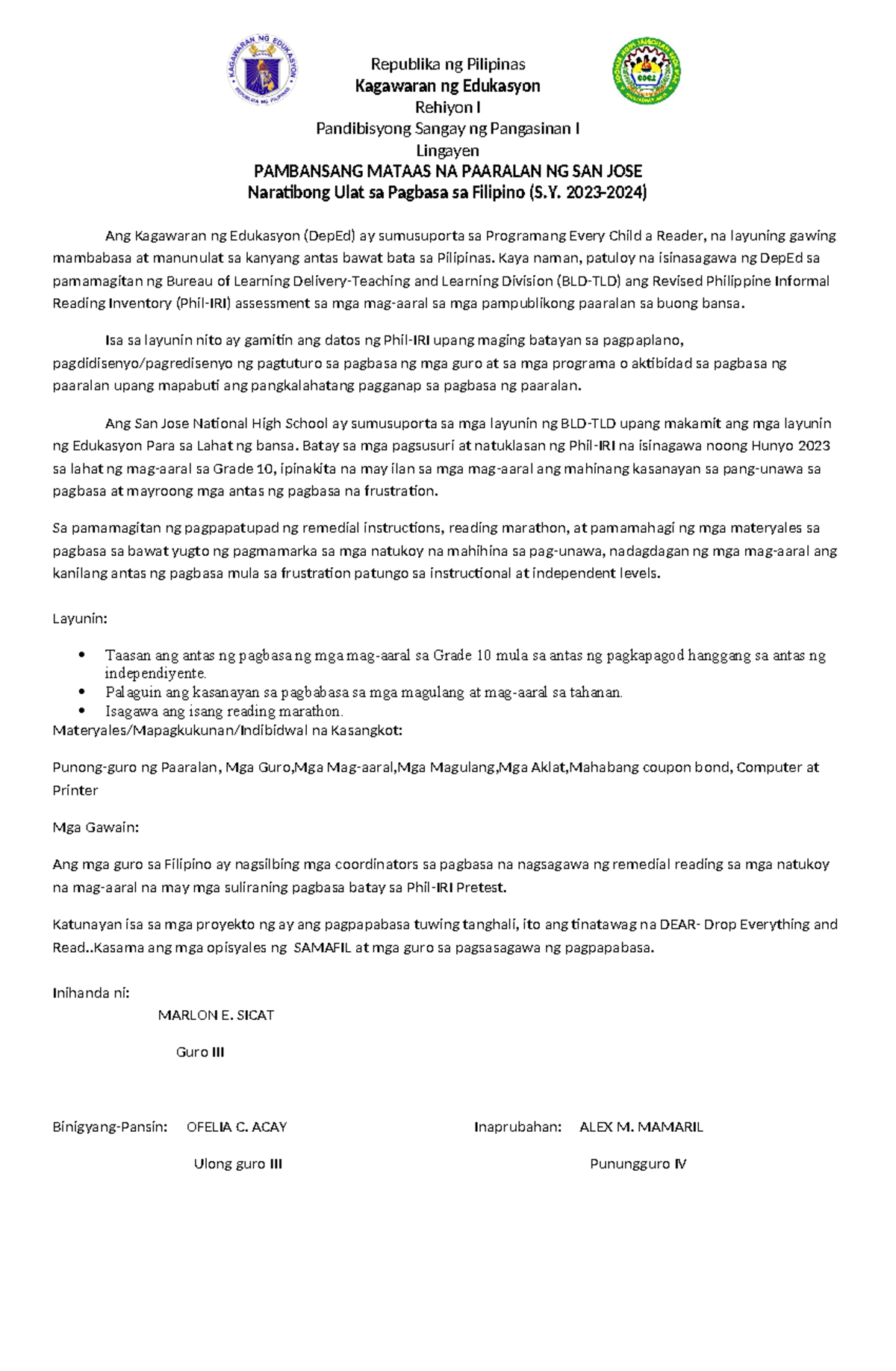 Narrative in reading as an accomplishments in Filipino 10 school year ...