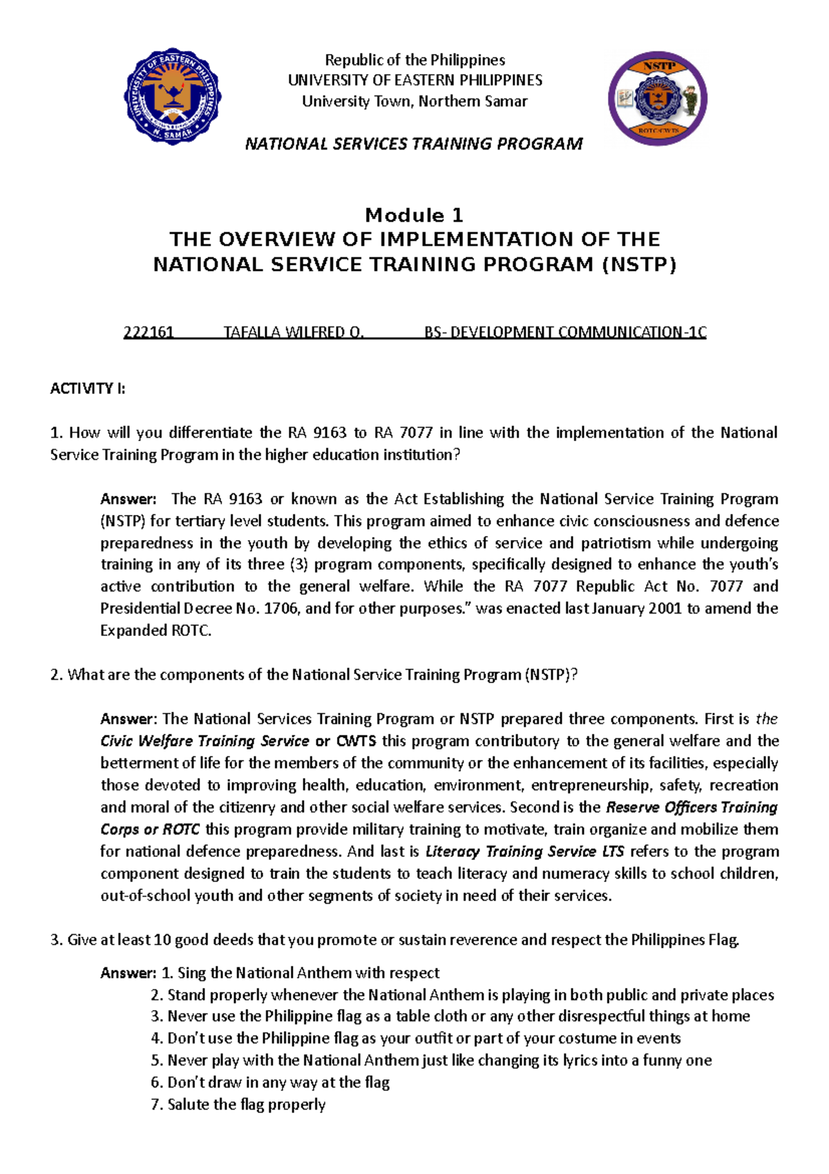 NSTP-CWTS Module 1 - this documents help the student and give them ...