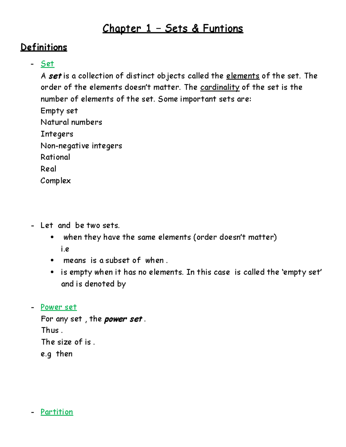 Chapter 1 - Sets and functions - Chapter 1 – Sets & Funtions Definitions Set A set is a - Studocu