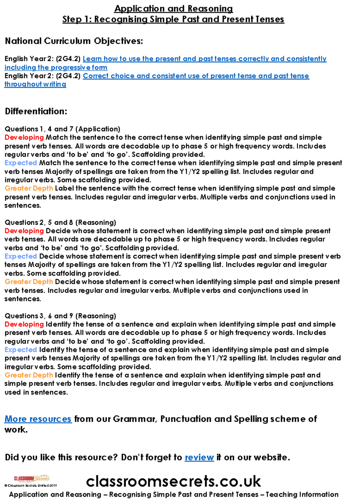 GPS Year 2 Spring Block 4 Step 1 AR Recognising Simple Past and Present ...