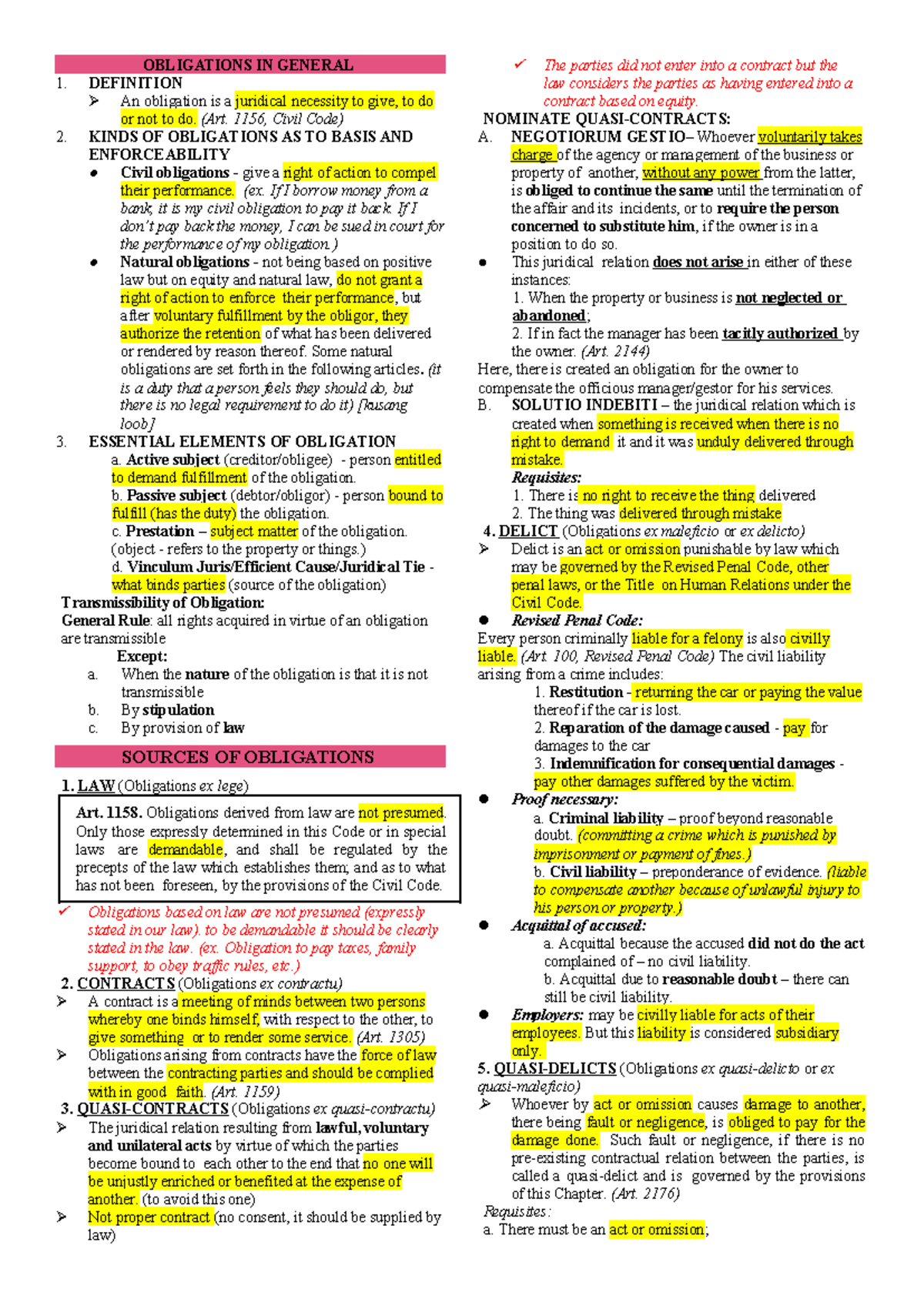 Obligations IN General - OBLIGATIONS IN GENERAL 1. DEFINITION An ...