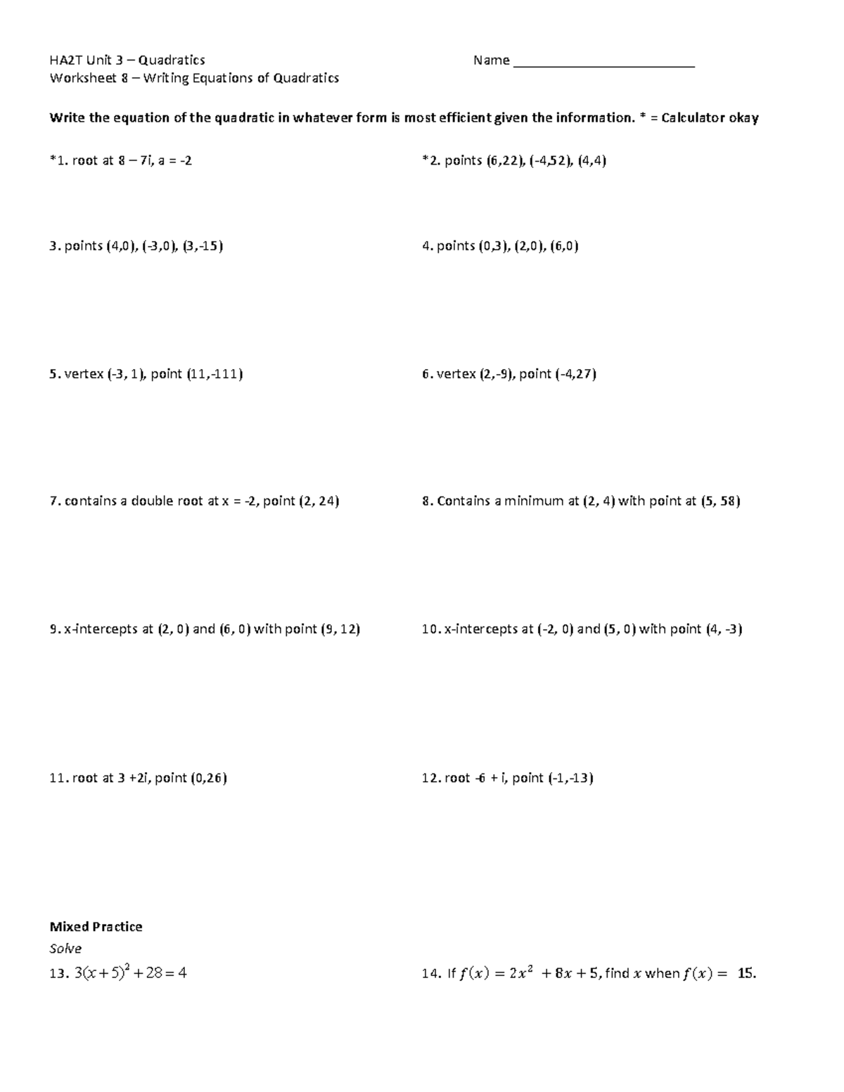 Worksheet 8 - Writing Equations of Quadratics - HA2T Unit 3 ...