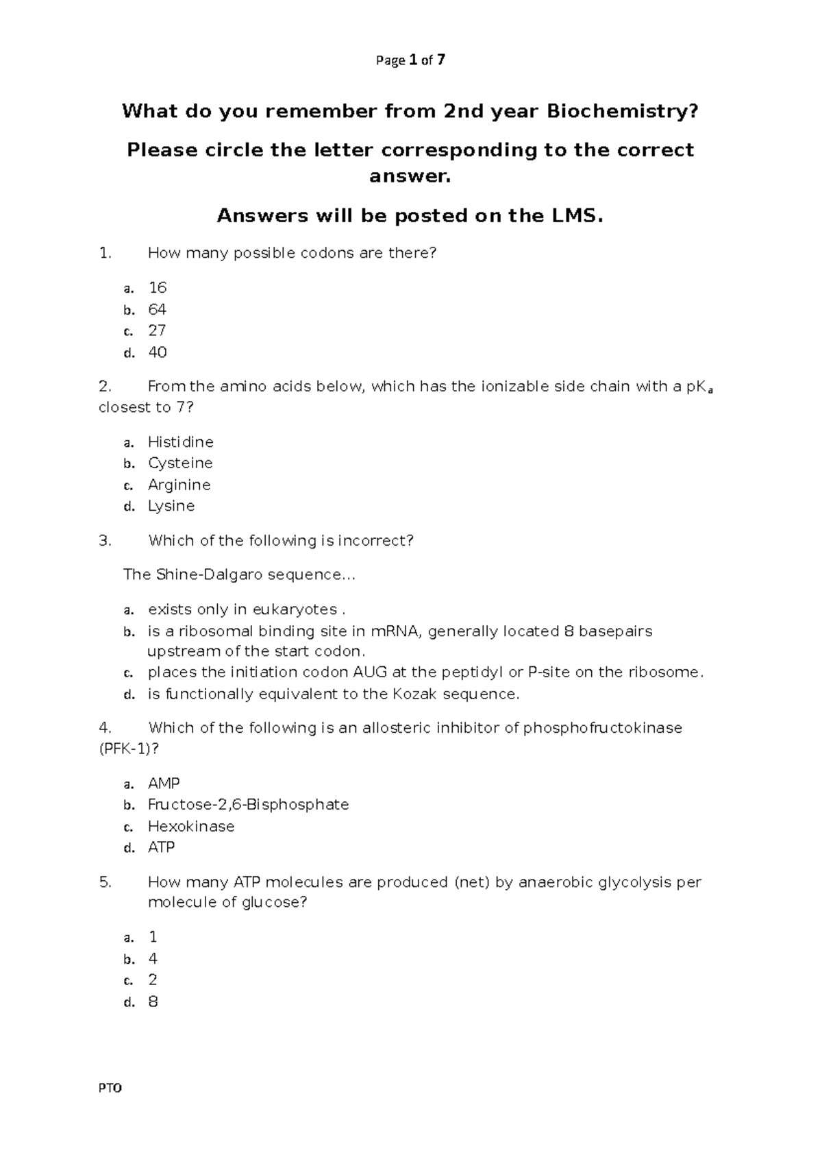 Fundamental Biochemistry Quiz - Page 1 of 7 What do you remember from ...