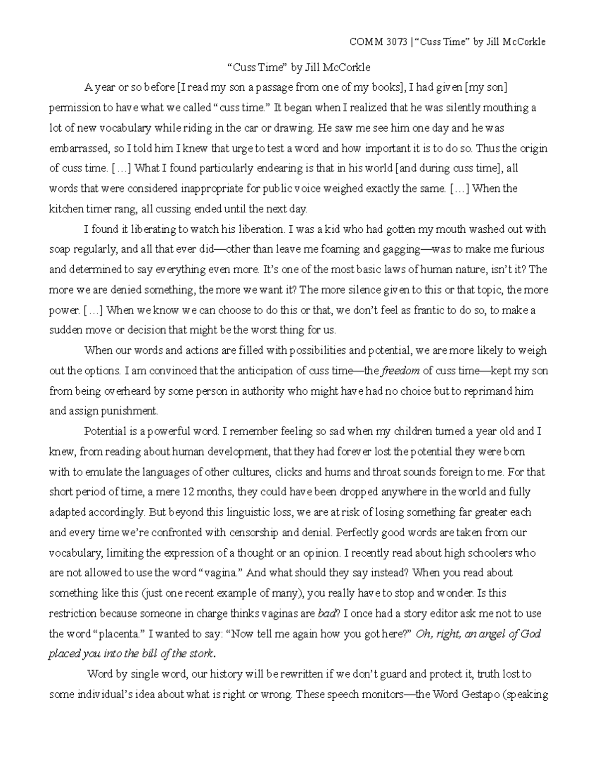 COMM3073W4Cuss+Time Reading - COMM 3073 | “Cuss Time” by Jill McCorkle ...