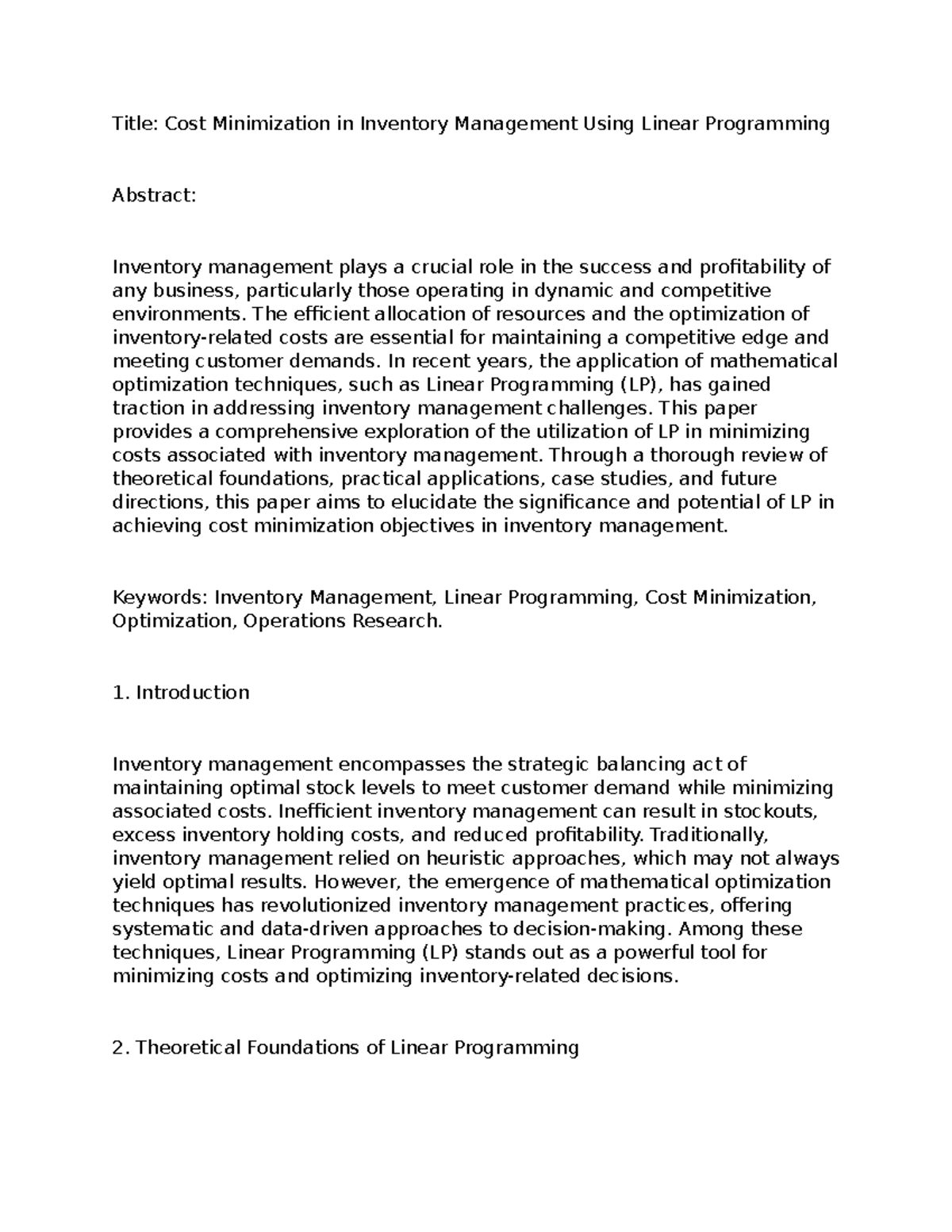 Math for business - Title: Cost Minimization in Inventory Management ...