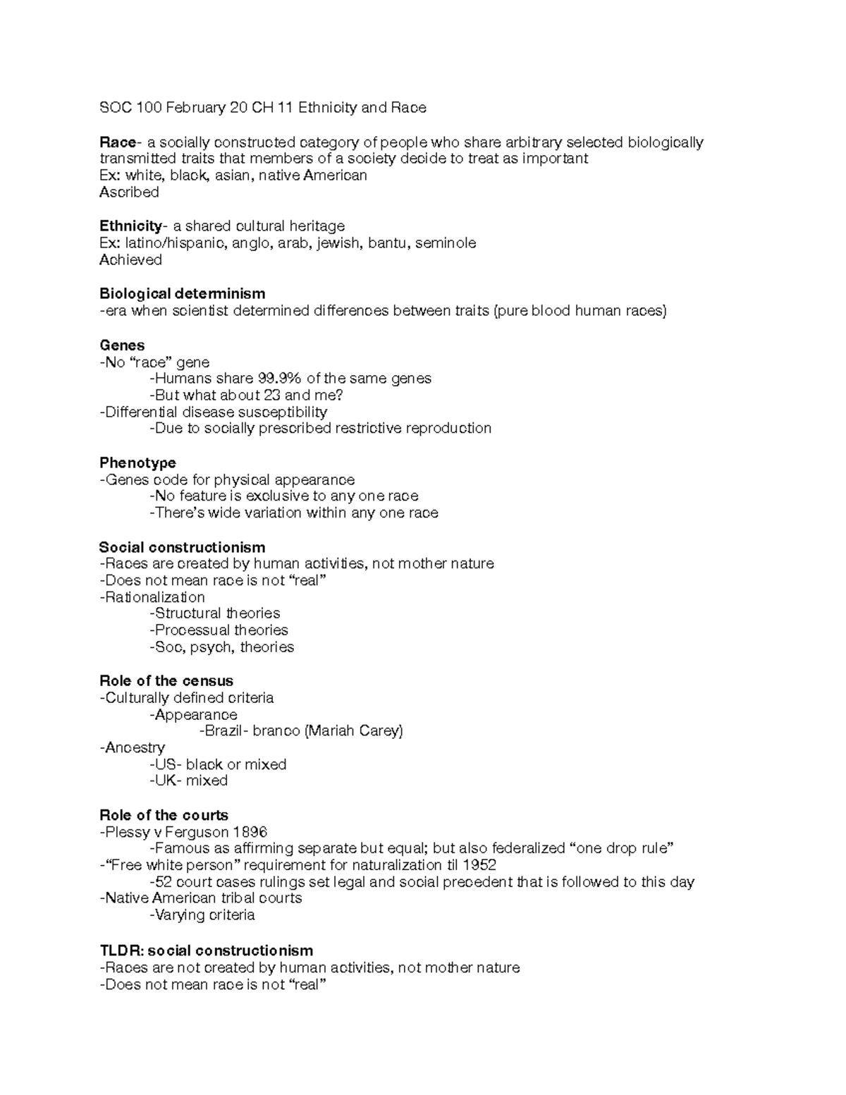 SOC CH 11 - SOC 100 CHAPTER NOTES - SOC 100 February 20 CH 11 Ethnicity ...