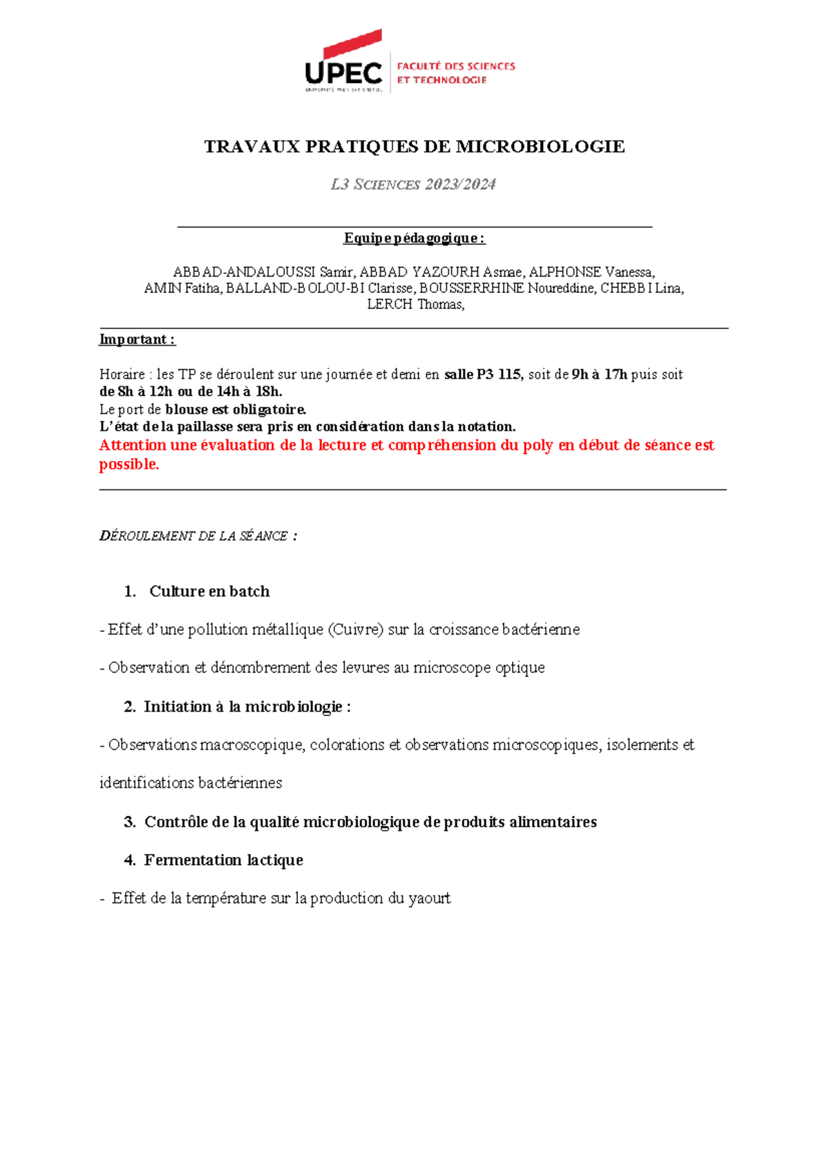 TP DE Microbiologie L3 2023 2024 - TRAVAUX PRATIQUES DE MICROBIOLOGIE L3 SCIENCES 2023/ - Studocu