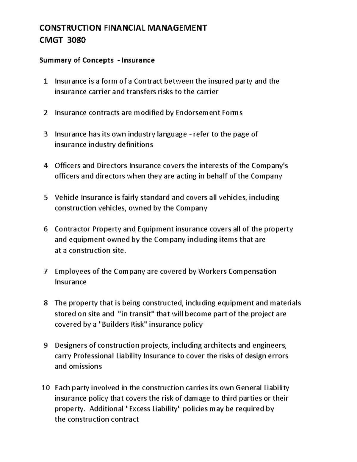 Concept Summary - Insurance - CONSTRUCTION FINANCIAL MANAGEMENT CMGT ...