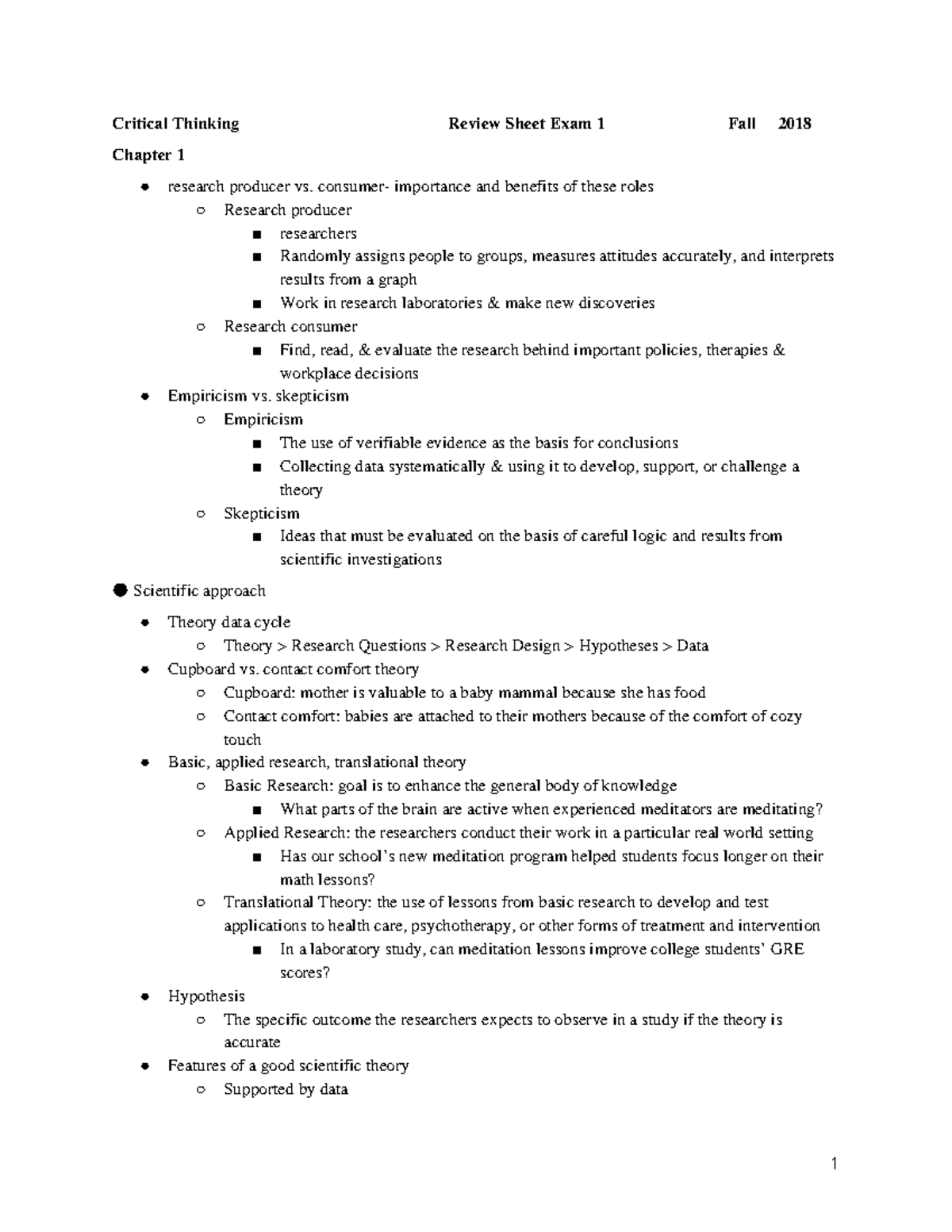 Crit. Thinking Exam 1 - Critical Thinking Review Sheet Exam 1 Fall 2018 ...