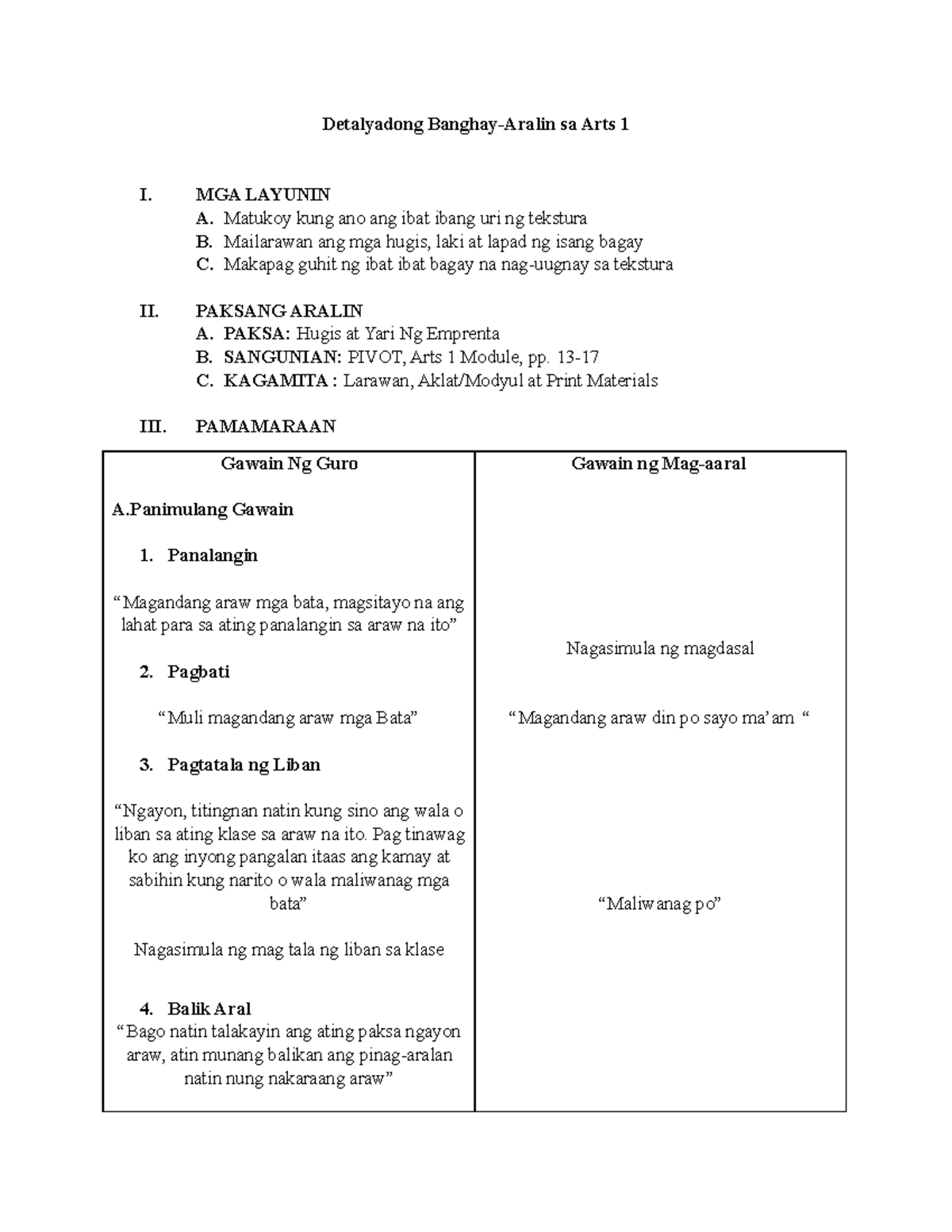 Arts 1 Lesson plan - Can use can not - Detalyadong Banghay-Aralin sa ...