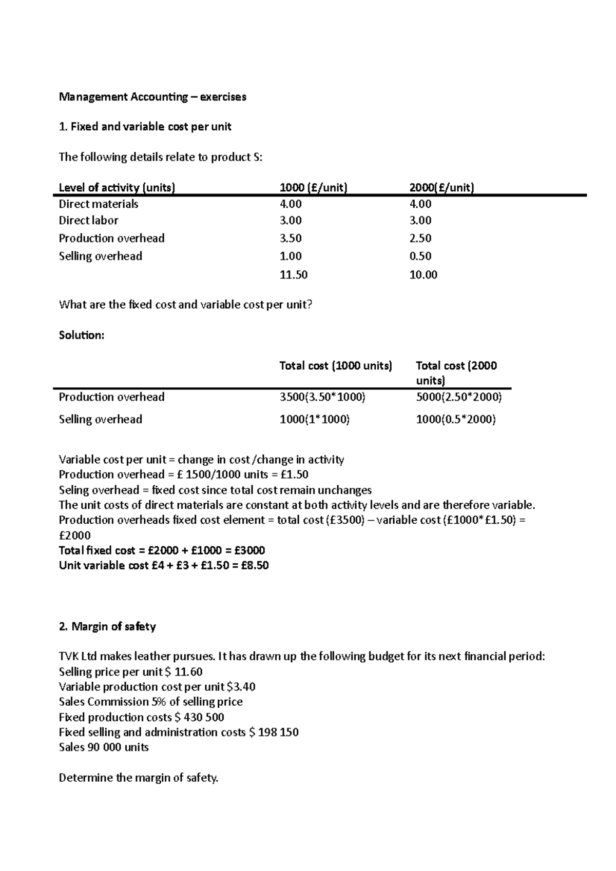 Management Accounting – exercises - Management Accounting – exercises ...