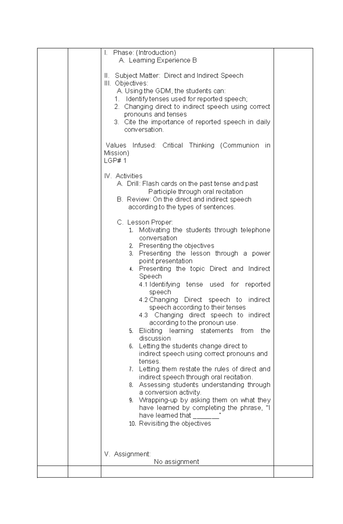 Lesson Plan Grade 9 ( Direct and indirect speech ) - I. Phase ...