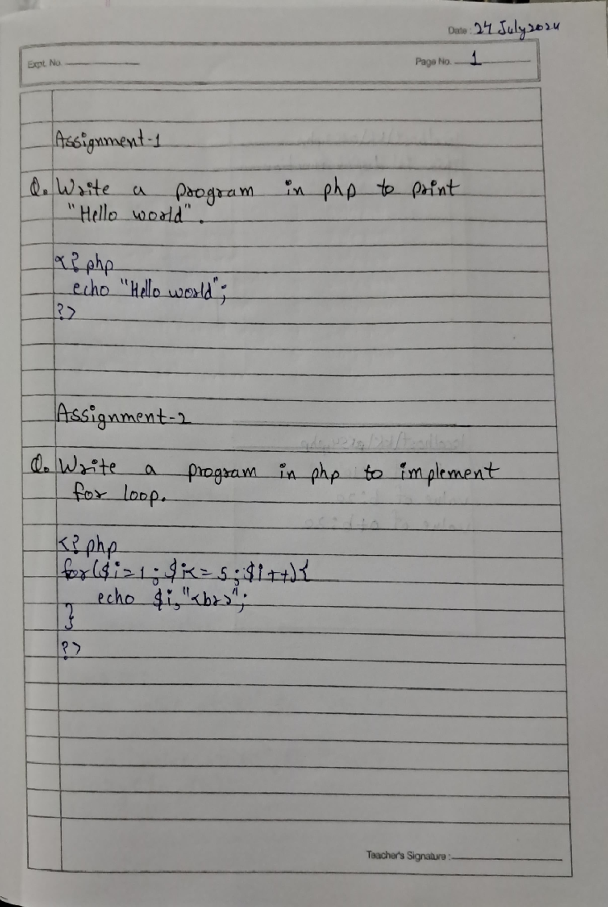 Php file - php notes - Date 24 July2024 Expt. No Page No. 1 Q. Write a ...