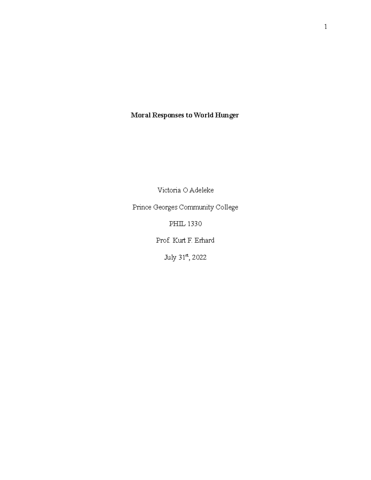 World Hunger essay - Moral Responses to World Hunger Victoria O Adeleke ...