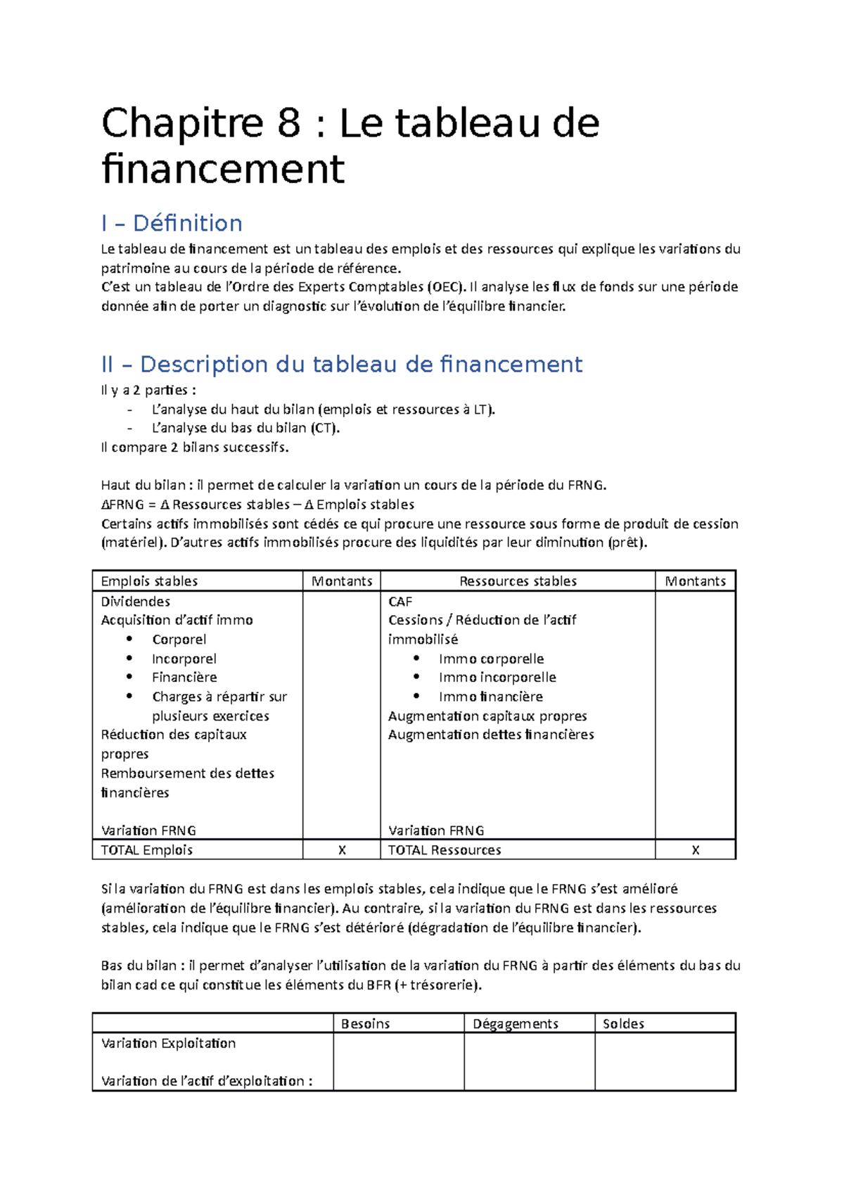 Chapitre 8 - Le tableau de financement - Chapitre 8 : Le tableau de financement I – Définition ...