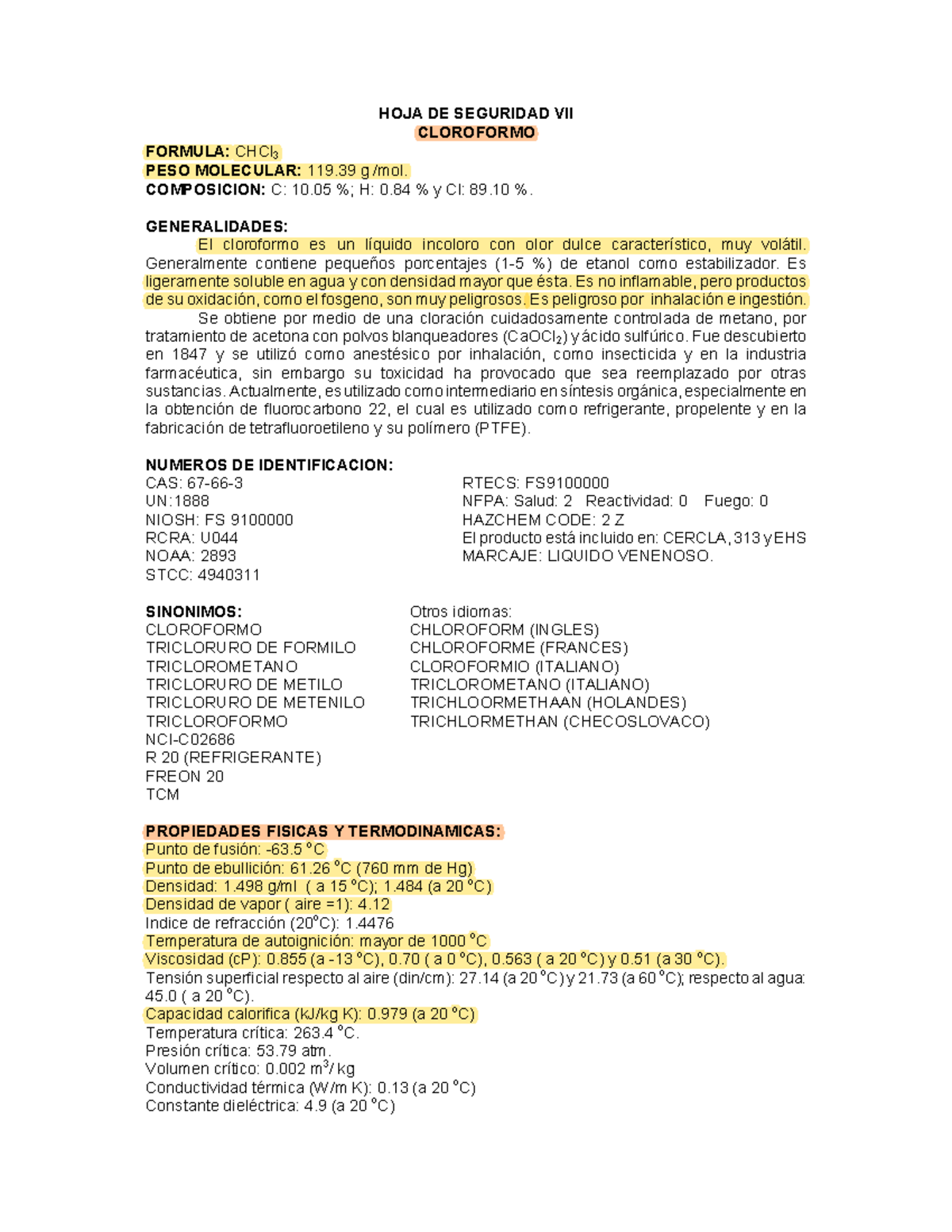 Ficha Seguridad Cloroformo - - Studocu
