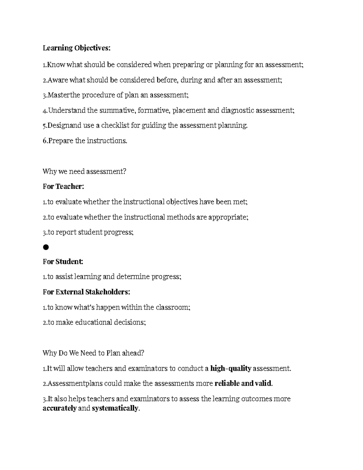 Planning of assessment - Learning Objectives: 1 what should be ...