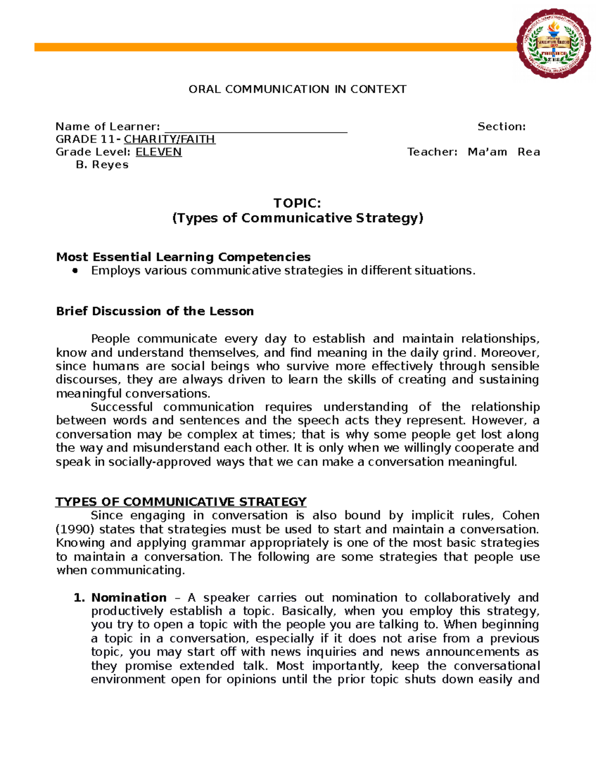 ORAL Communication Activity NOV. 2-3 - ORAL COMMUNICATION IN CONTEXT ...