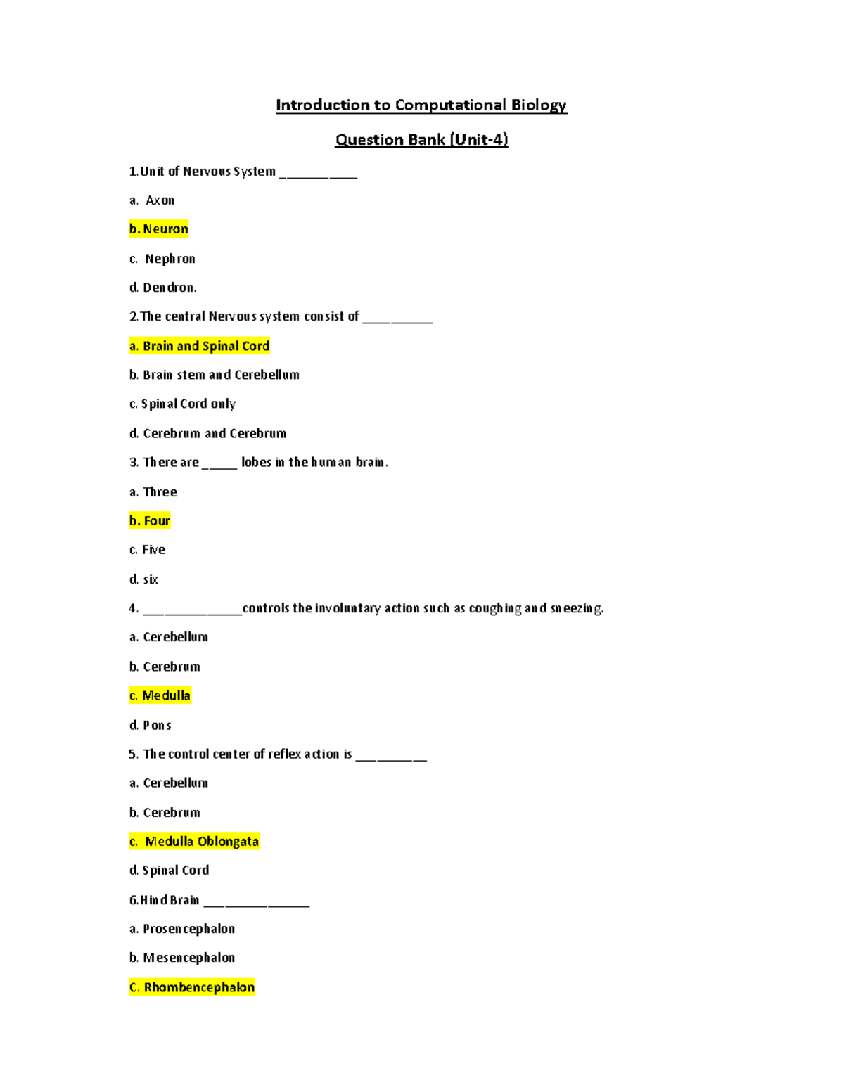 Introduction to Computational Biology - Question Bank Unit-4 ...