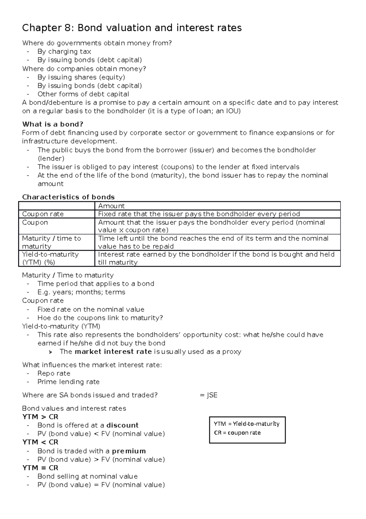 Chapter 8 - notes - Chapter 8: Bond valuation and interest rates Where ...
