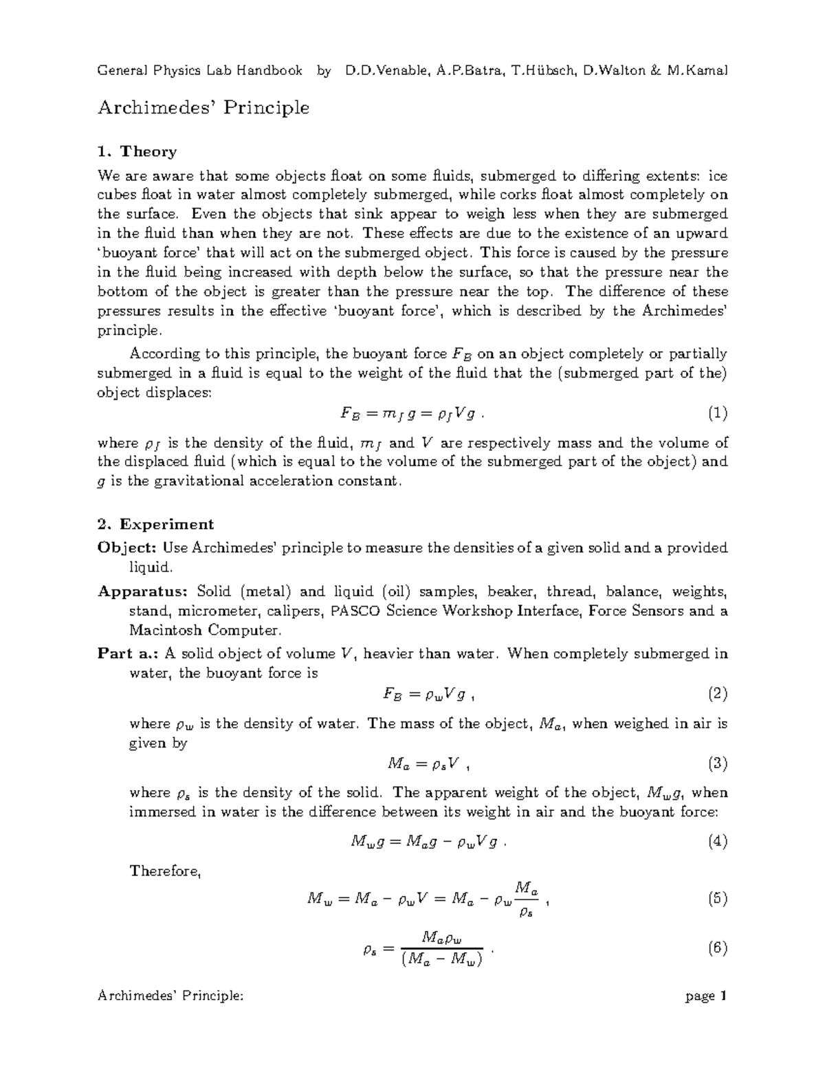 Archimedes lab - lab - General Physics Lab Handbook by D.D, A.P, T ...