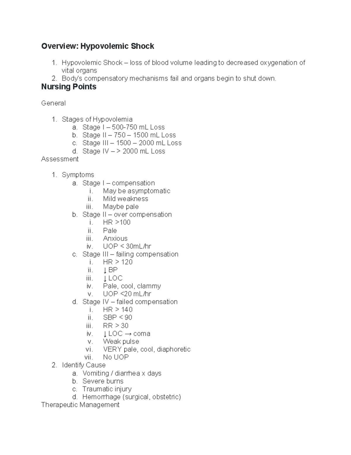 Shock - Lecture notes 1 - Overview: Hypovolemic Shock 1. Hypovolemic ...