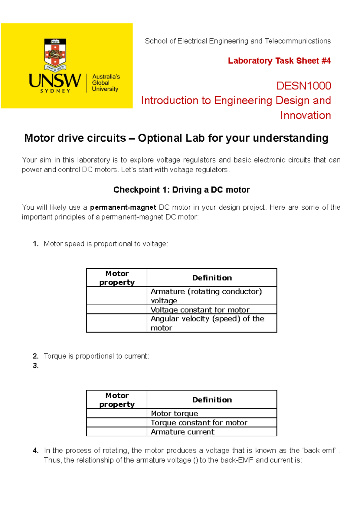 Lab 4 Tasksheet - Elec stream lab - School of Electrical Engineering and Telecommunications ...