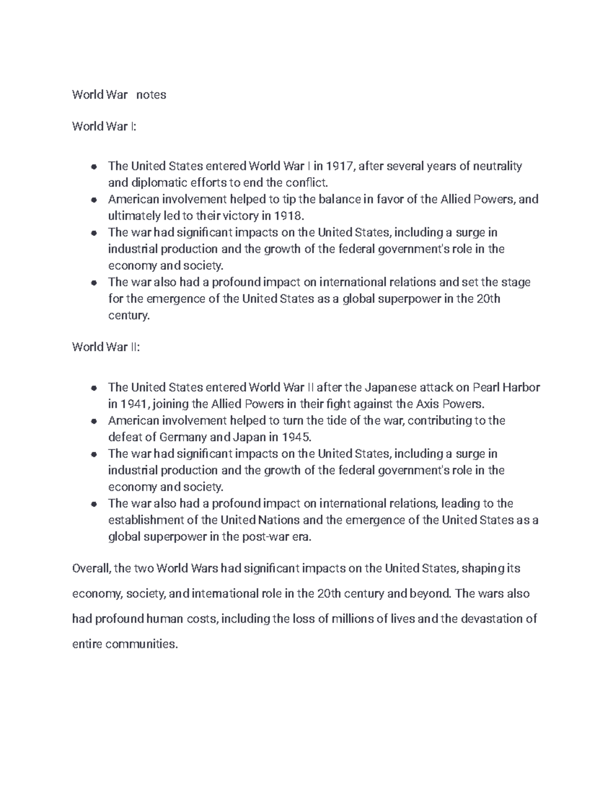 World war notes - World War notes World War I: The United States ...