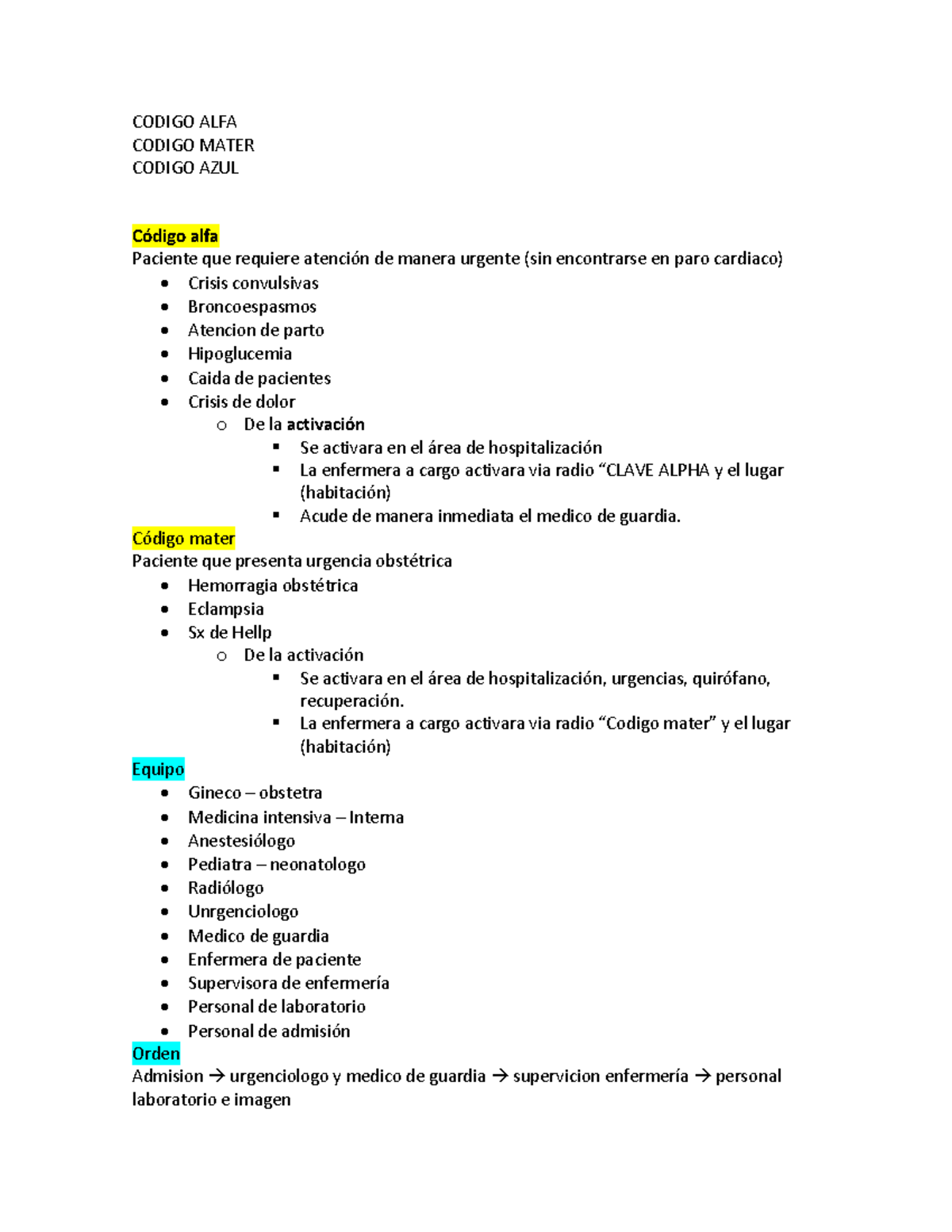 Codigos - CODIGO ALFA CODIGO MATER CODIGO AZUL Código alfa Paciente que ...