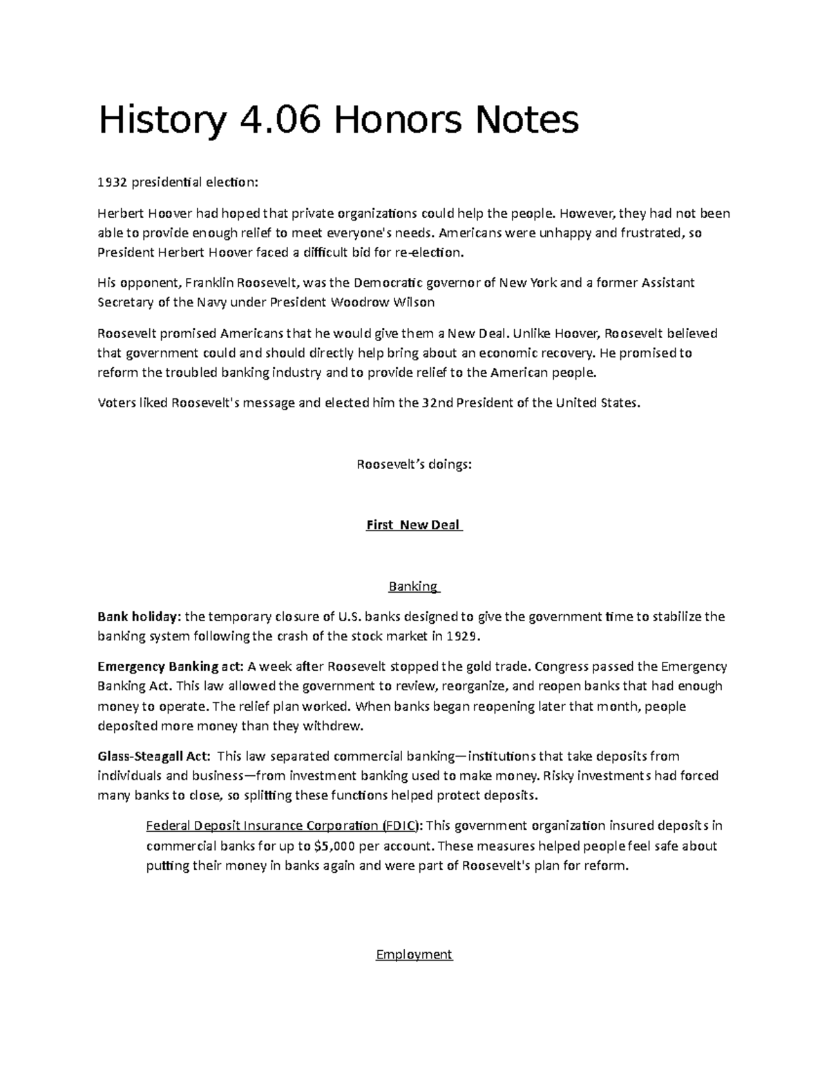 U.S History 4.06 notes - History 4 Honors Notes 1932 presidential ...
