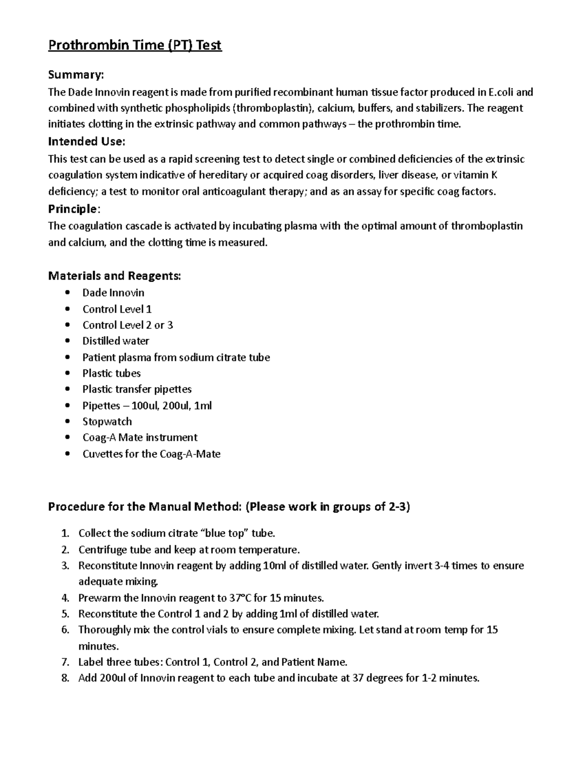 Procedures - Coagulation Lab - Prothrombin Time (PT) Test Summary: The ...