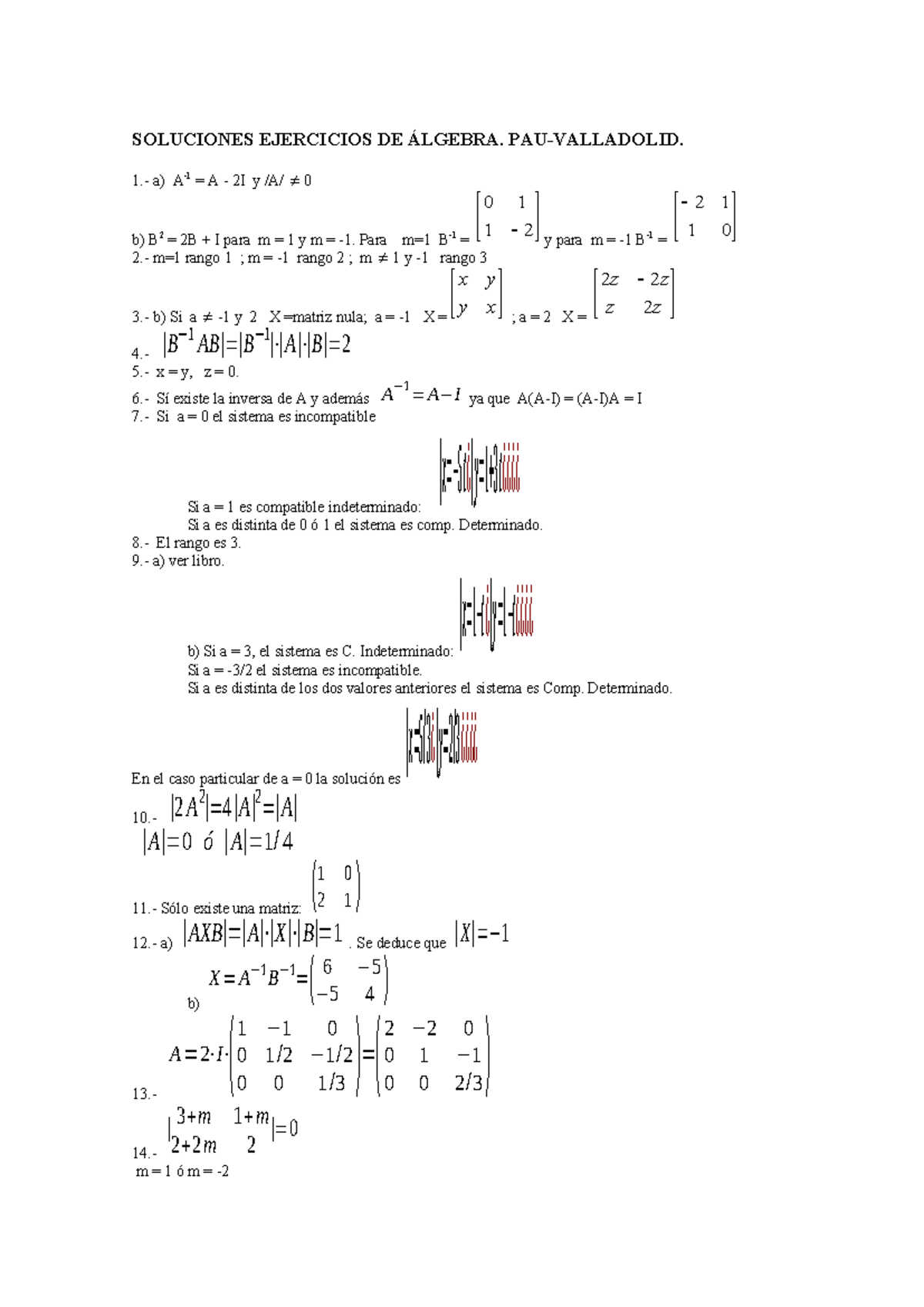 Soluciones A Lgebra - 2014 - SOLUCIONES EJERCICIOS DE ÁLGEBRA. PAU-VALLADOLID. 1.- a) A-1 = A ...