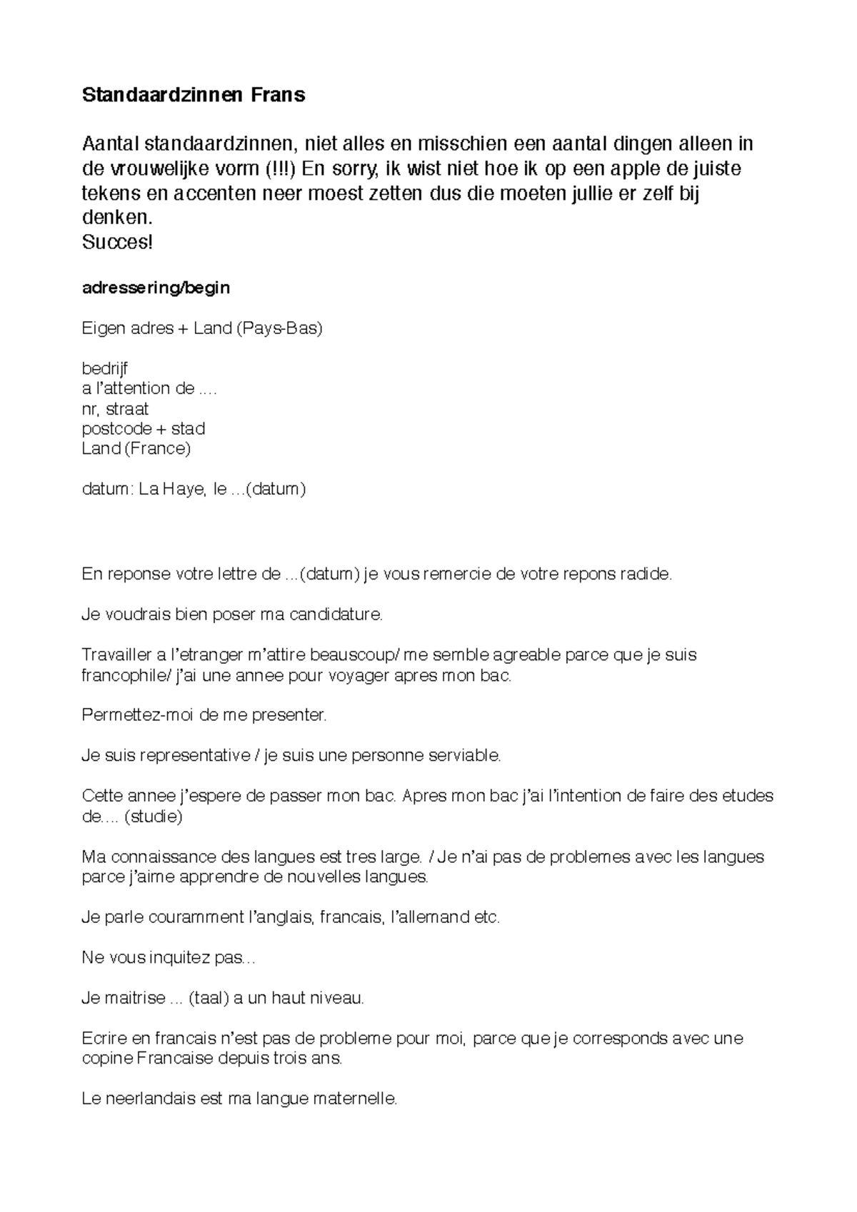 Standaardzinnen Frans - Standaardzinnen Frans Aantal standaardzinnen ...