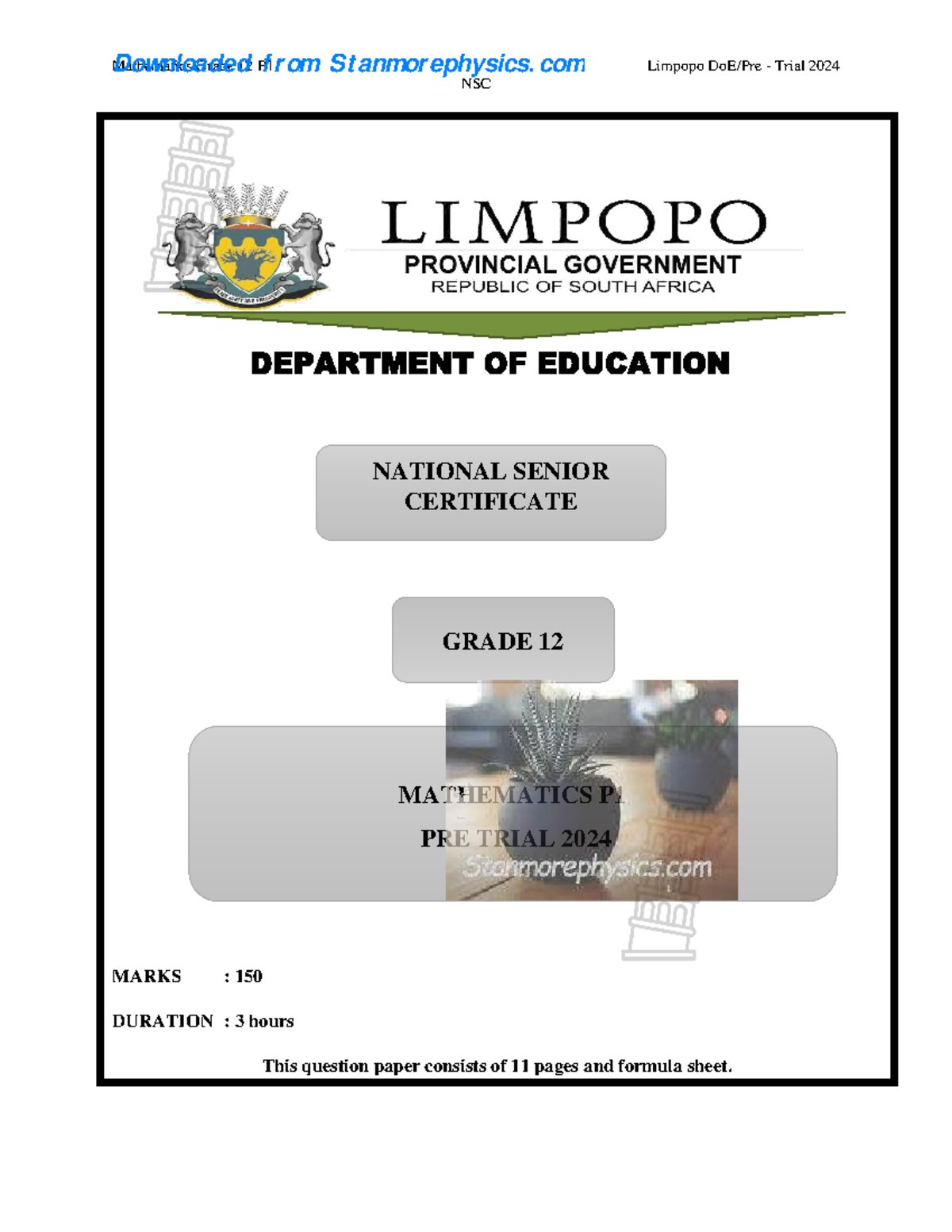 LP Maths Grade 12 Pre Trial 2024 P1 only - ####### MARKS : 150 DURATION ...