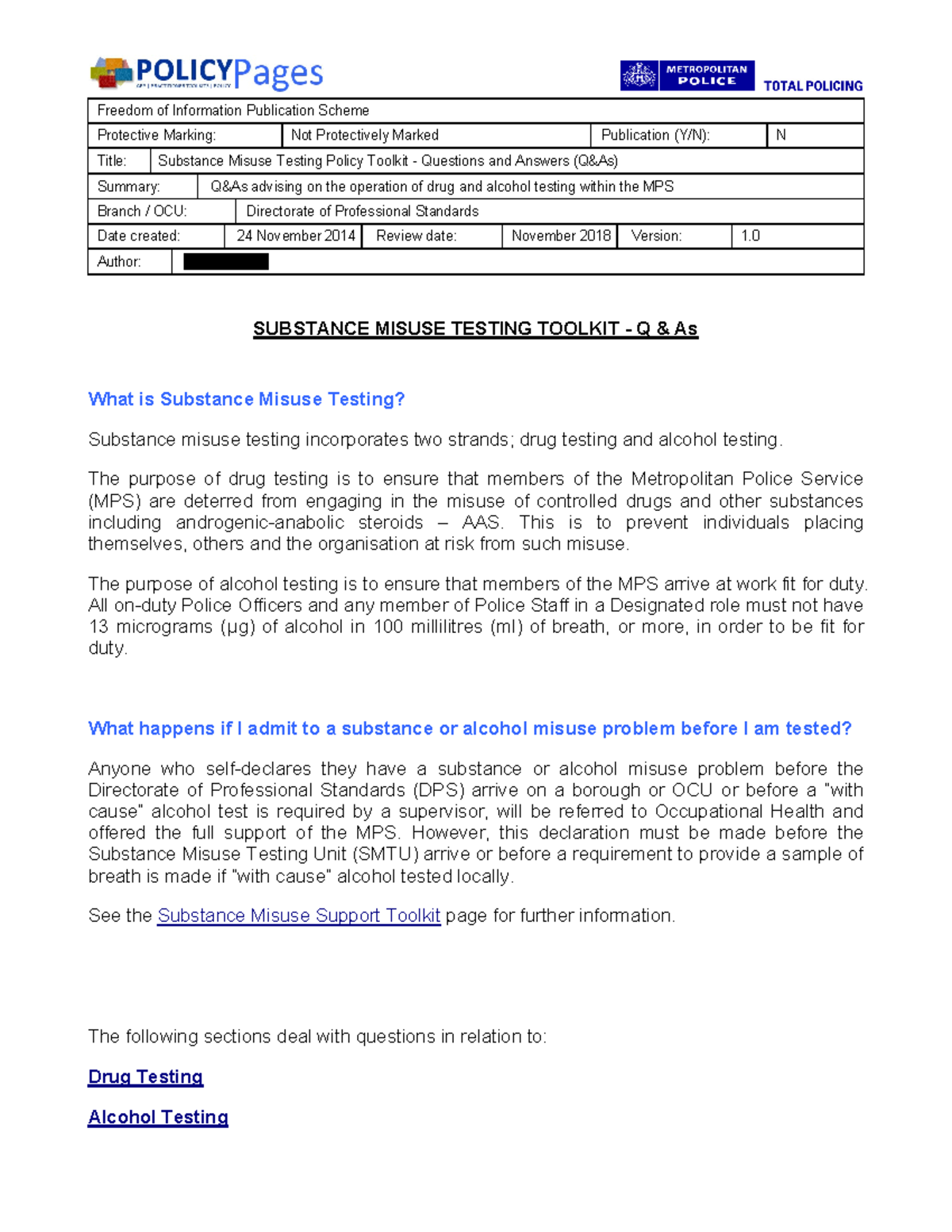 Drug andor alcohol testing policy 2 - SUBSTANCE MISUSE TESTING TOOLKIT ...