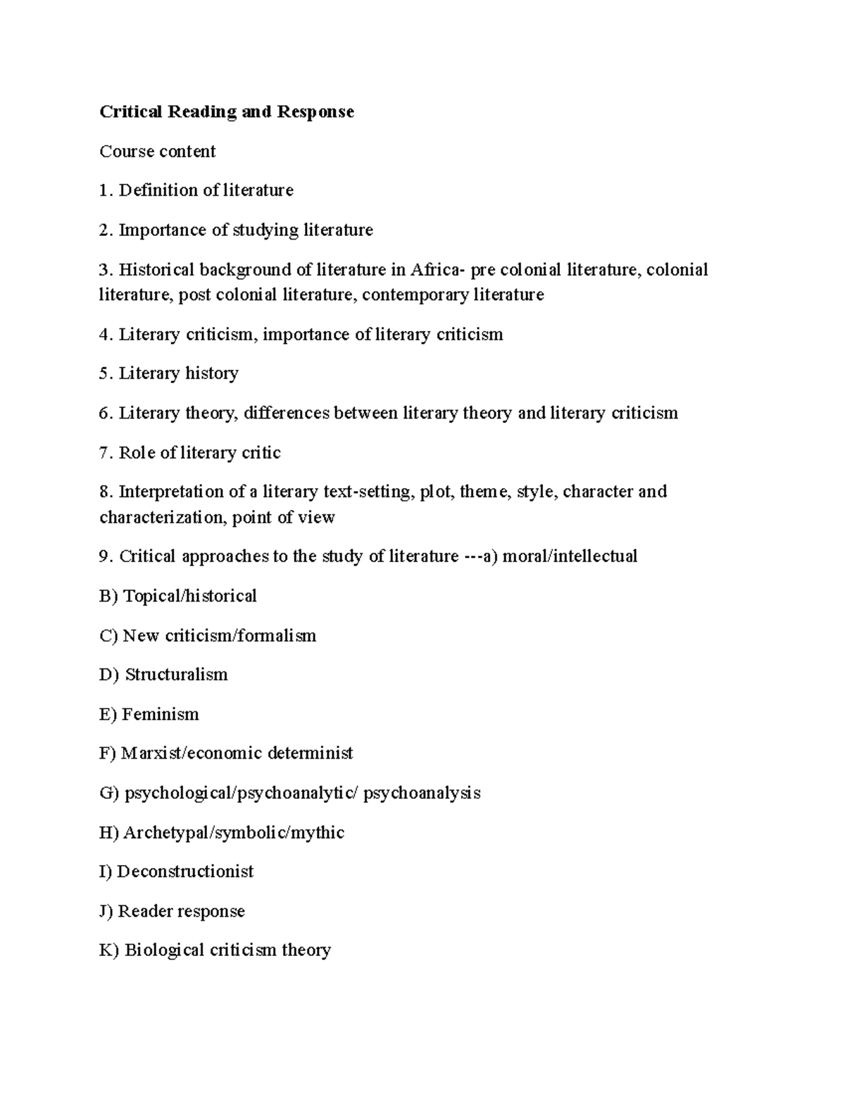 Critical Reading and Response course outline - Critical Reading and ...