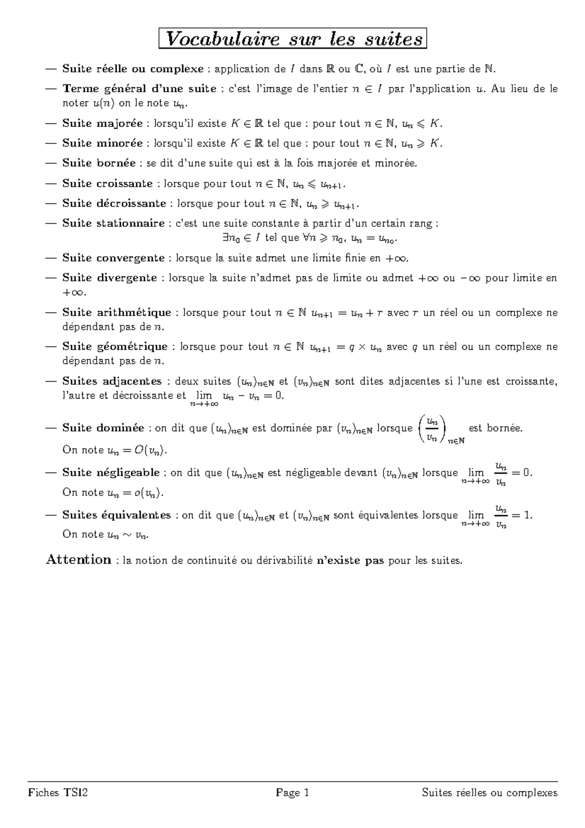Rappels sur les suites et les sommes Résumé - Vocabulaire sur les ...