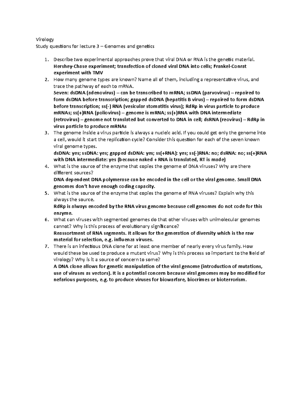 Virology Study questions for lecture 3 – Genomes and genetics - Hershey ...