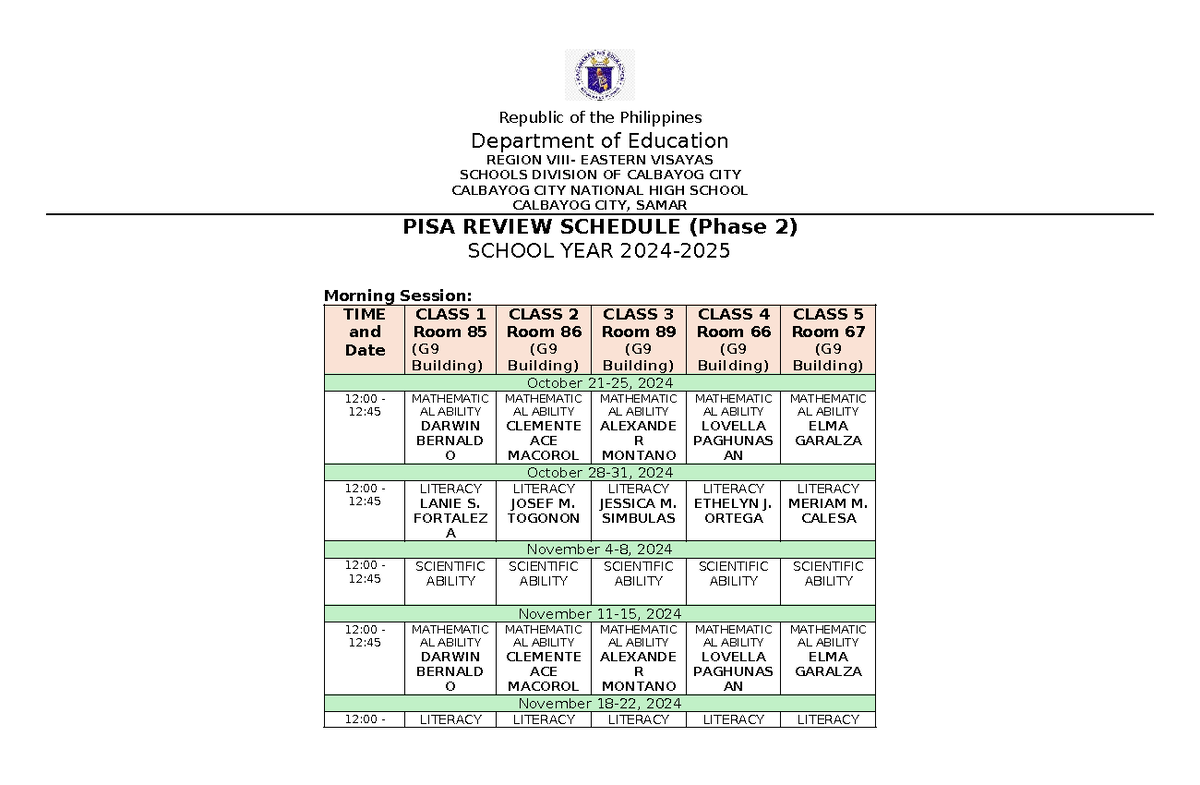 PISA-schedule-Updated - Republic of the Philippines Department of ...